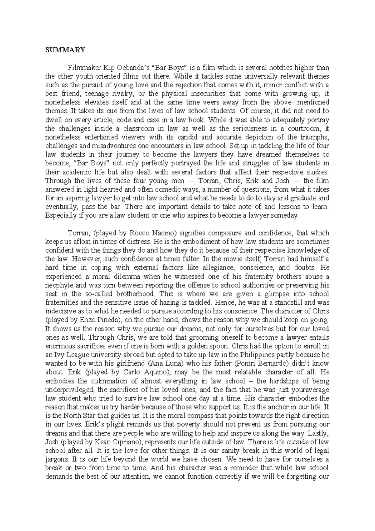 Summary OF STORY - SUMMARY Filmmaker Kip Oebanda’s “Bar Boys” is a film ...