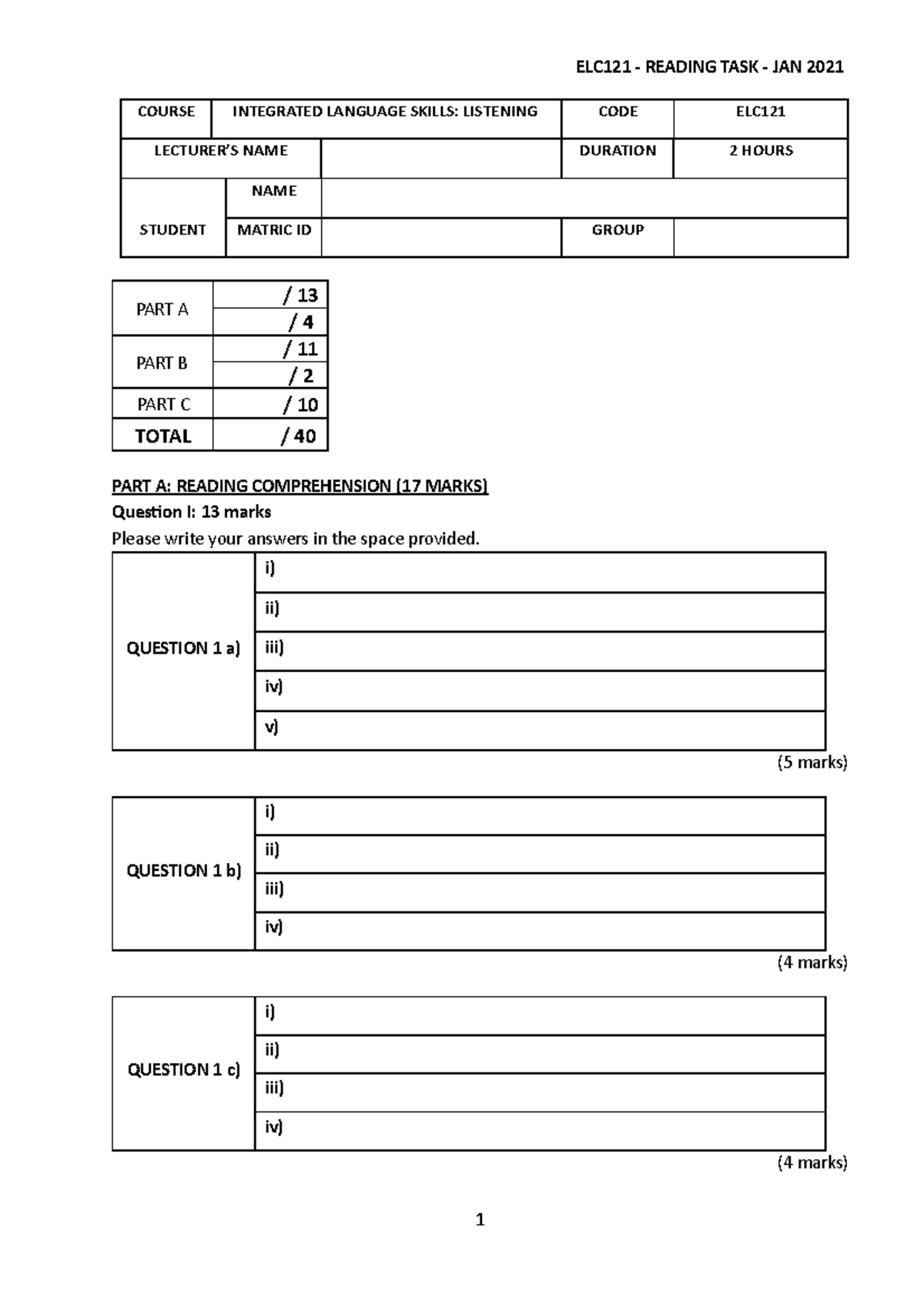 ELC121 - Reading TASK - JAN 2021 - Answer Template - N5BA1191A - ELC121 - READING TASK - JAN ...