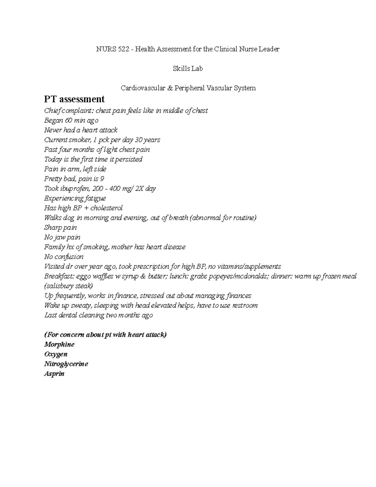 Cardio Assessment Notes - NURS 522 - Health Assessment for the Clinical ...