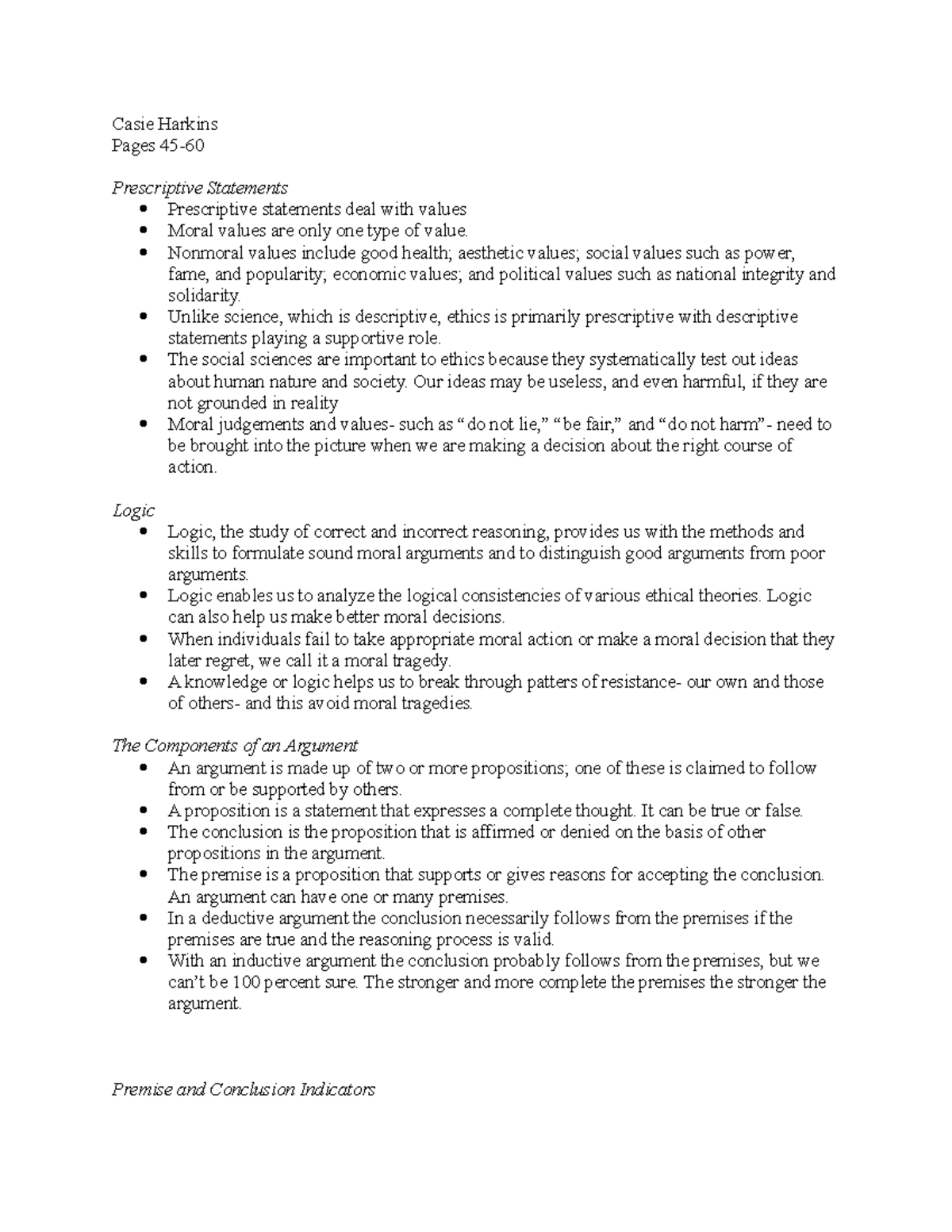 Ethics pg 45-60 - Notes taken from the reading - Casie Harkins Pages 45 ...