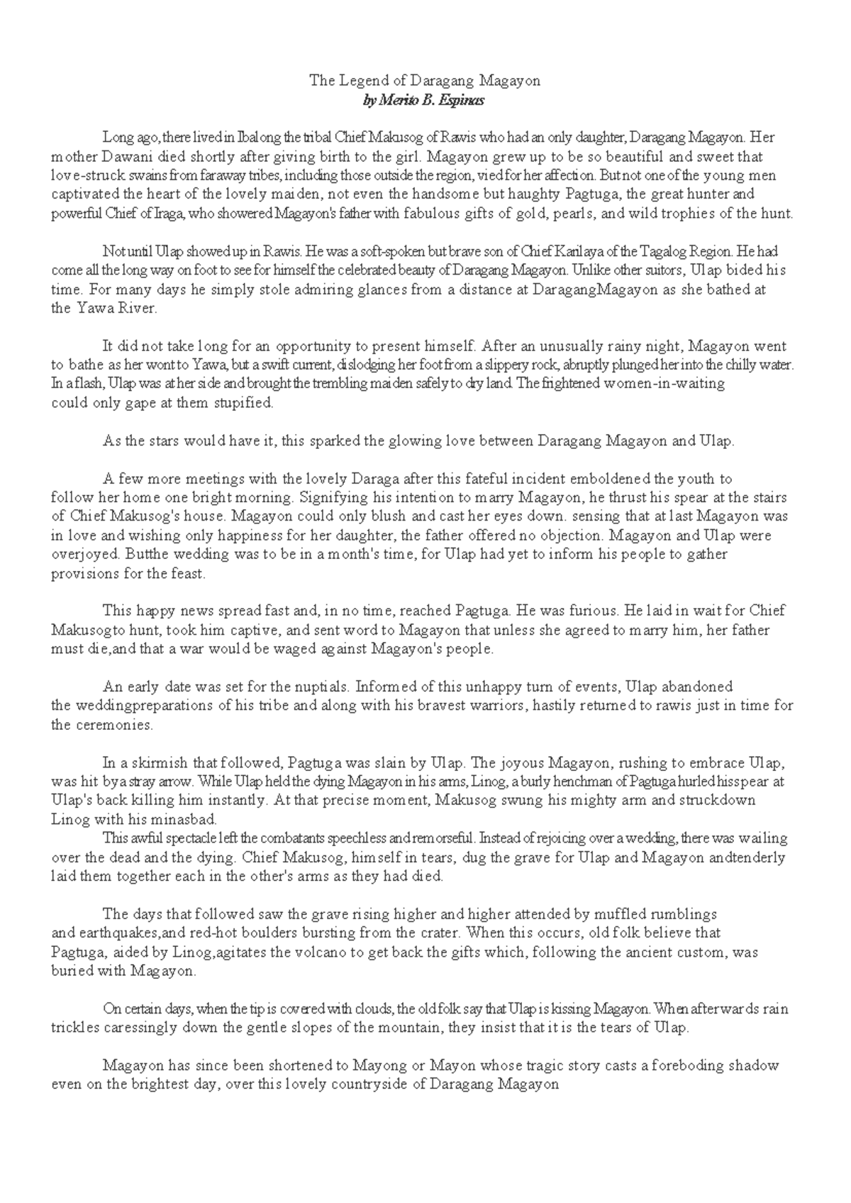 Bicol Lit stories - The Legend of Daragang Magayon by Merito B. Espinas ...