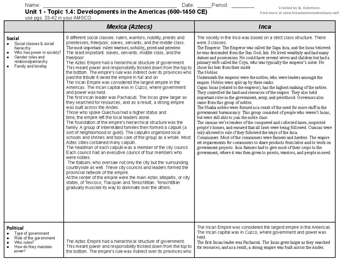 Unit 1 Topic 1.4 American Civilizations - Name