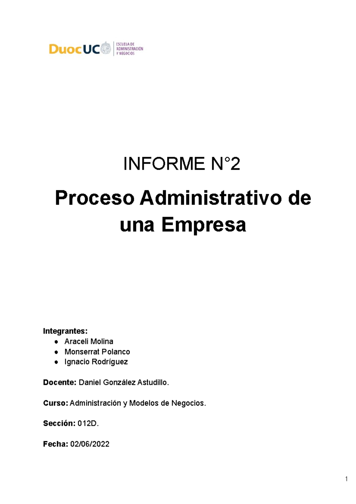 Informe n° 2 ADM - INFORME N° Proceso Administrativo de una Empresa ...