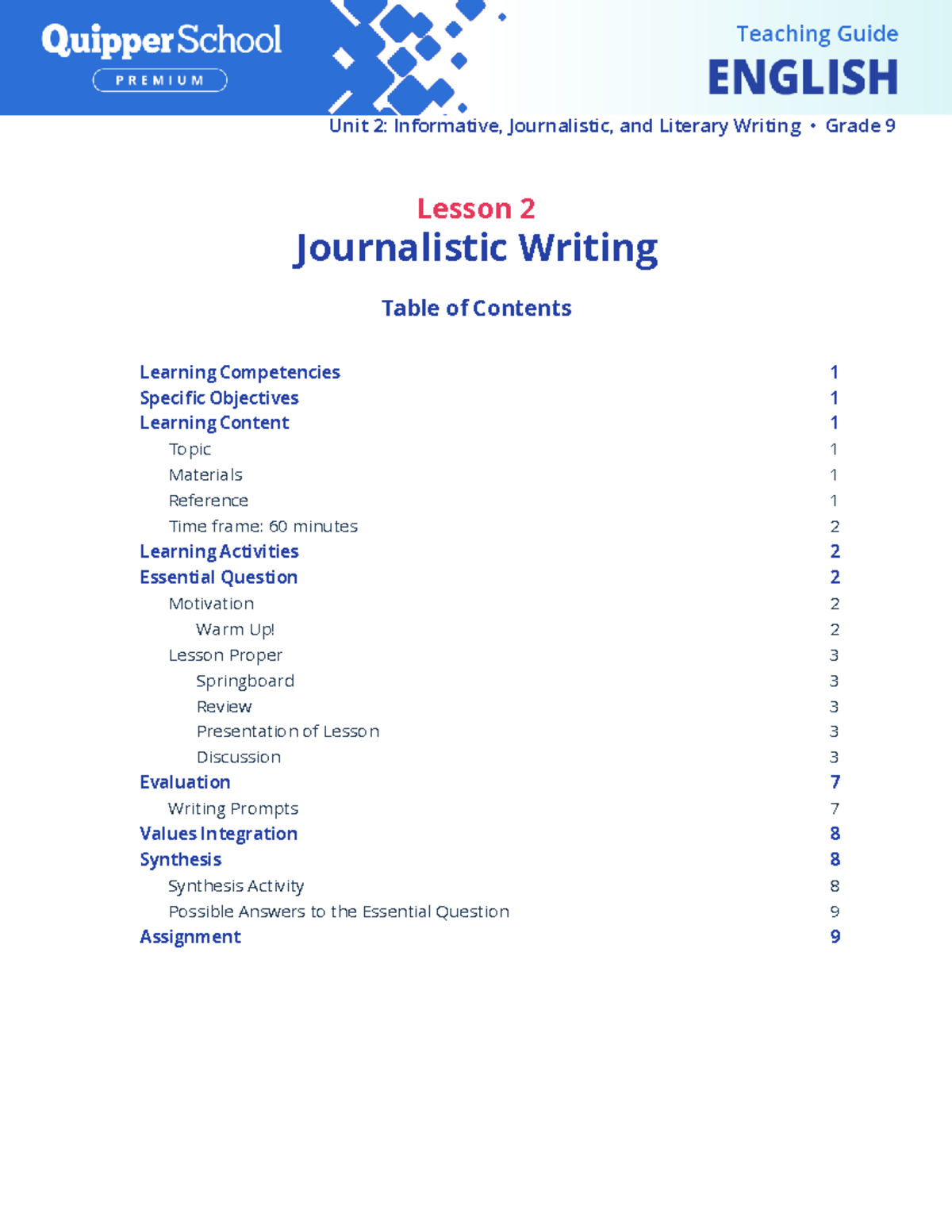 PDF (TG) English 9 Unit 2 Lesson 2 Journalistic Writing - Journalistic Writing - Lesson Learning ...