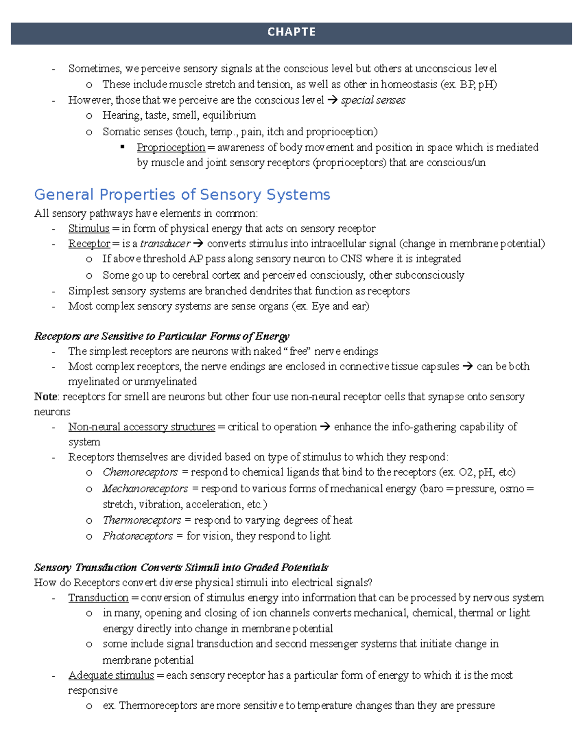 Chapter 10 - Sensory Physiology Notes - CHAPTER 10 – SOMATIC SENSES ...