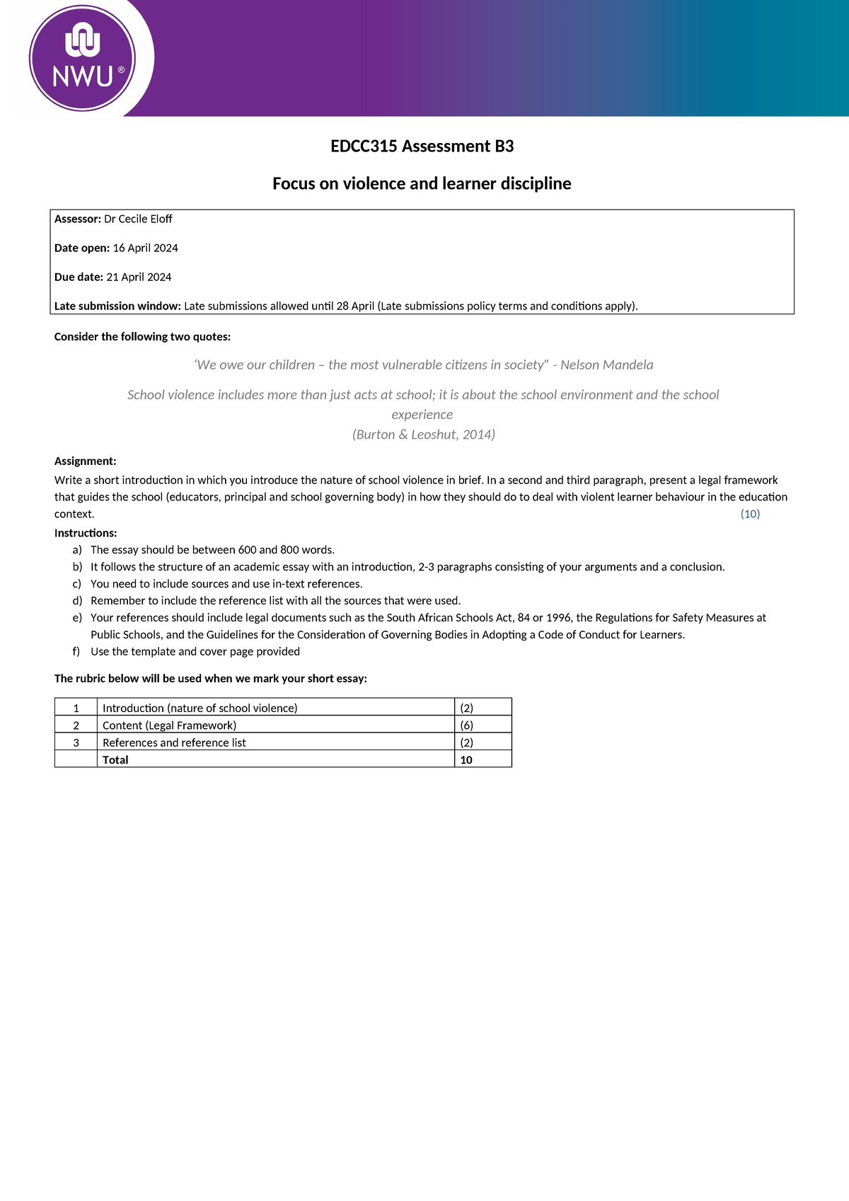 Assignments 2024 EDCC 315 Assesment B3 English - EDCC315 Assessment B ...