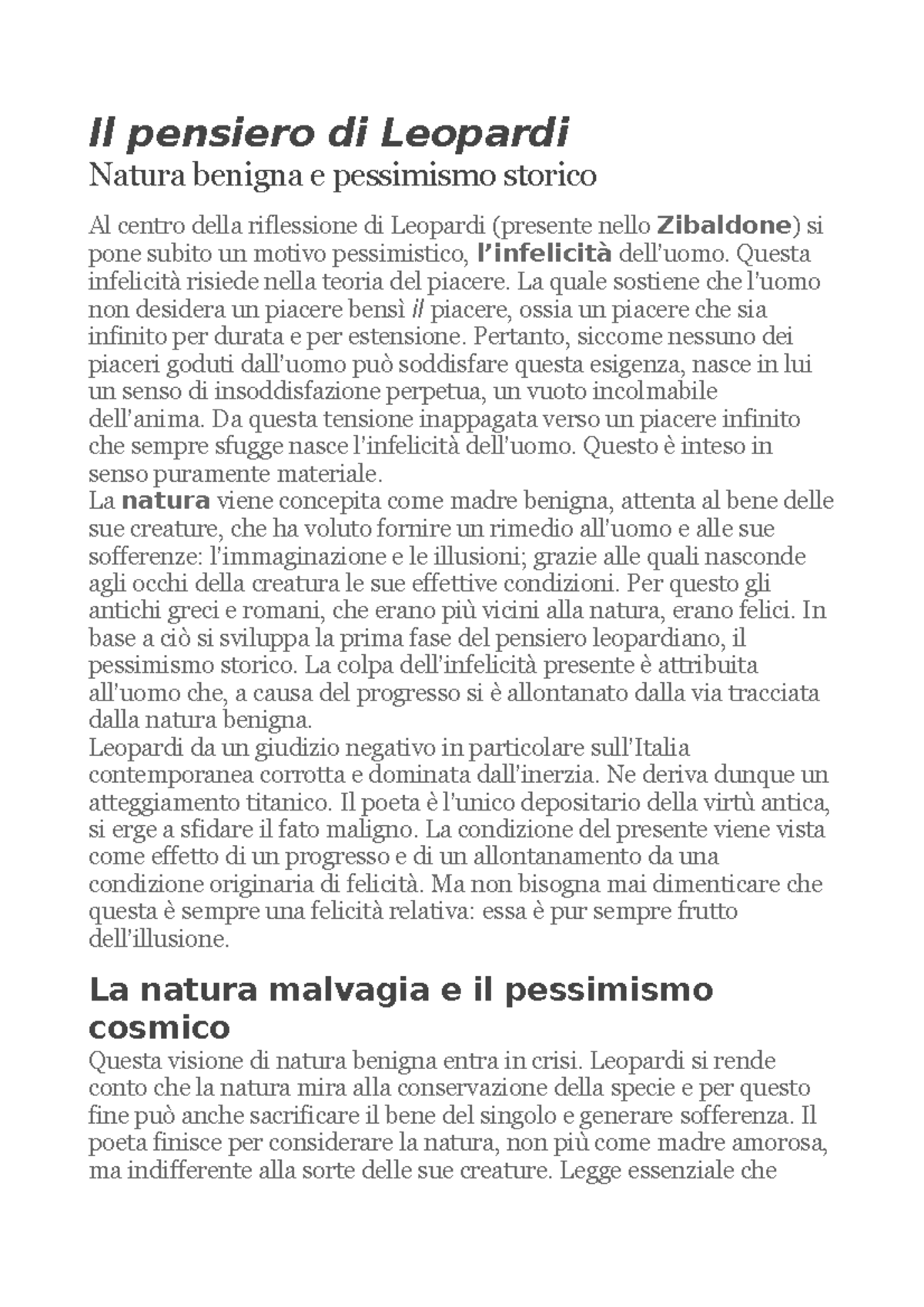 Il pensiero di Leopardi - Il pensiero di Leopardi Natura benigna e ...