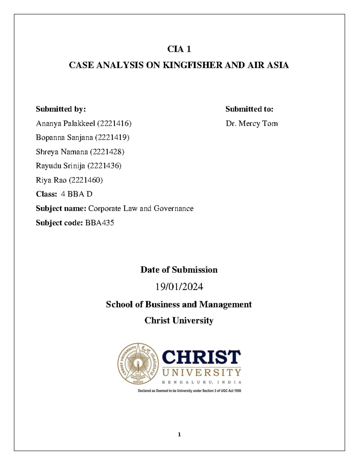 Corporate LAW CIA 1 - cia - CIA 1 CASE ANALYSIS ON KINGFISHER AND AIR ...