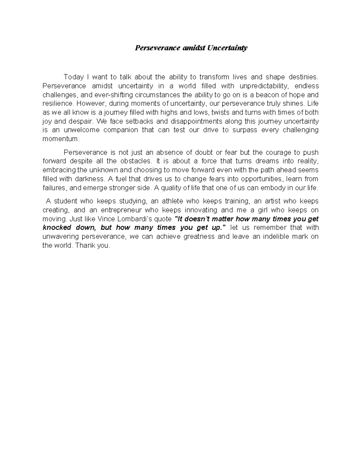 Perseverance amidst Uncertainty speech - Perseverance amidst ...