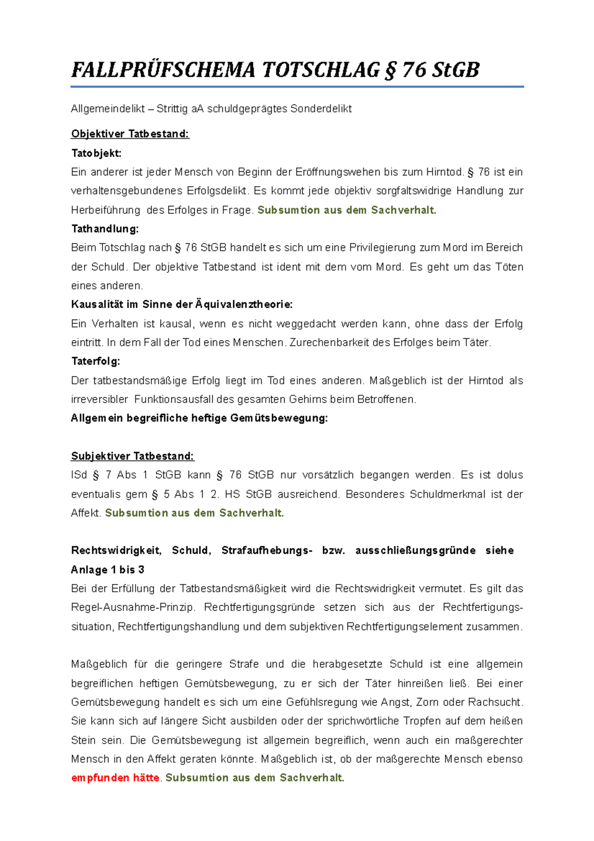§ 76 StGB Fallprüfschema Totschlag - vielfach anwendbar ...
