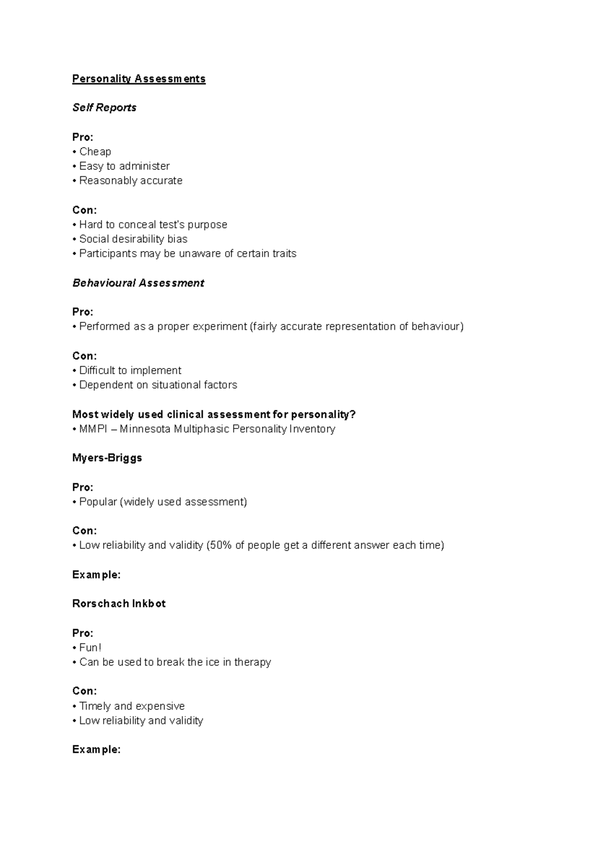 Psych 1XX3 - Notes for Personality - Personality Assessments Self ...