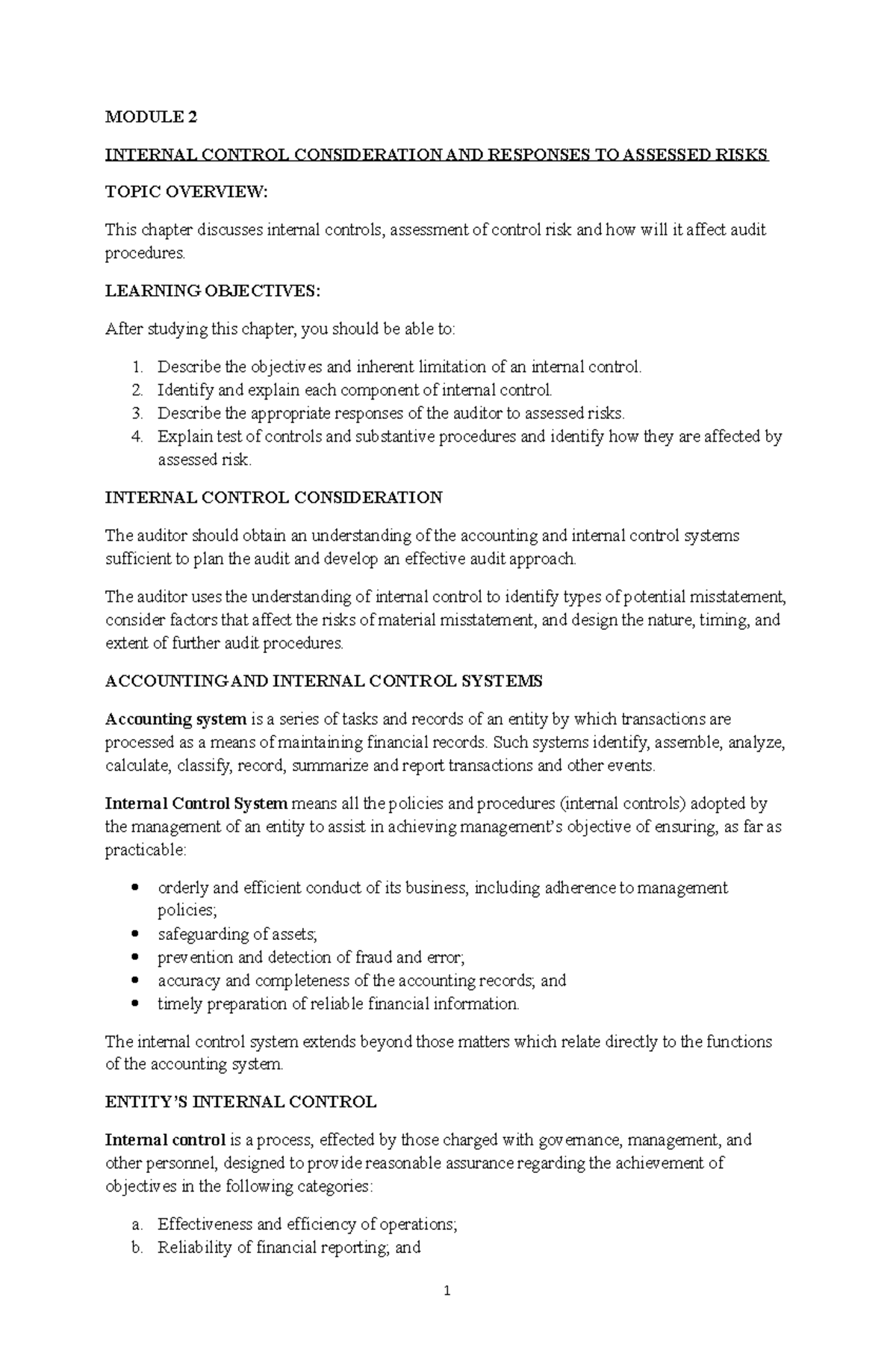Module 2 Internal Control Consideration and Responses to Assessed Risks ...
