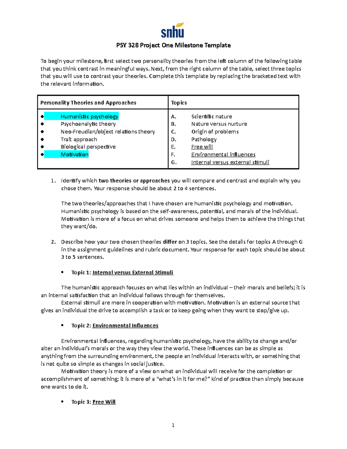 PSY 328 Project One Milestone Template - Next, from the right column of ...