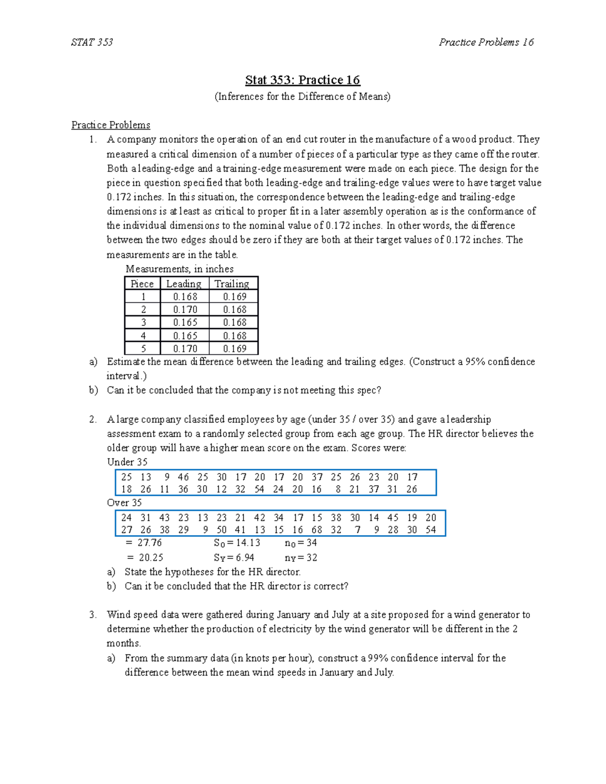 Practice 16 (Inferences for Diff of Means), 353 - STAT 353Practice ...