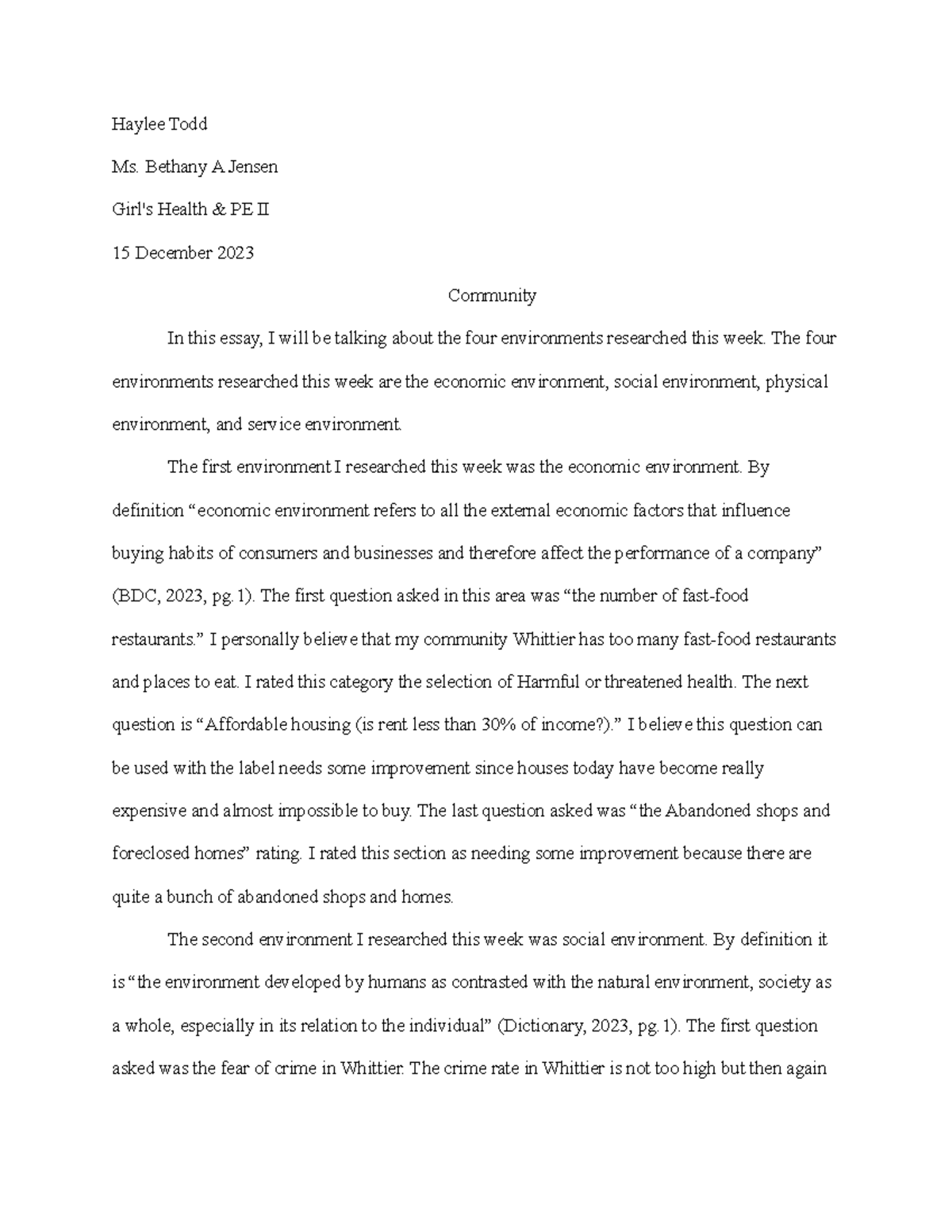 Community - Haylee Todd Ms. Bethany A Jensen Girl's Health & PE II 15 ...
