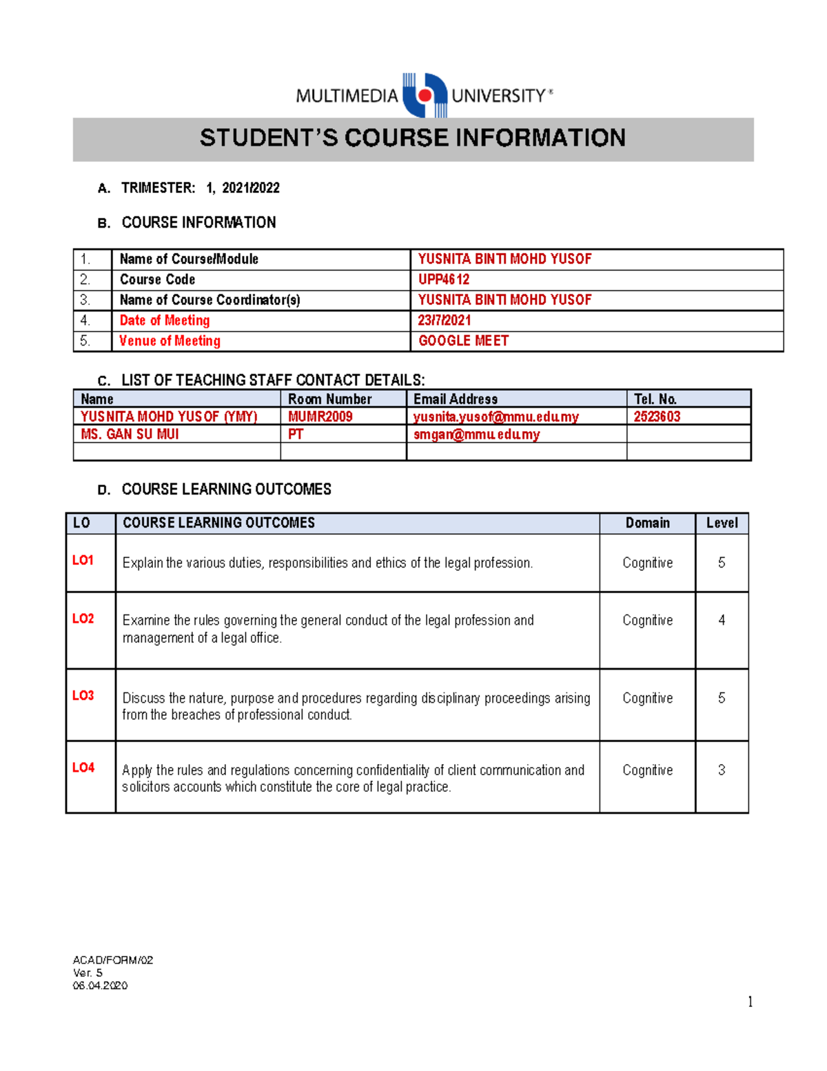Course Information Student Version UPP4612 - ACAD/FORM/ Ver. 5 06 .04 ...