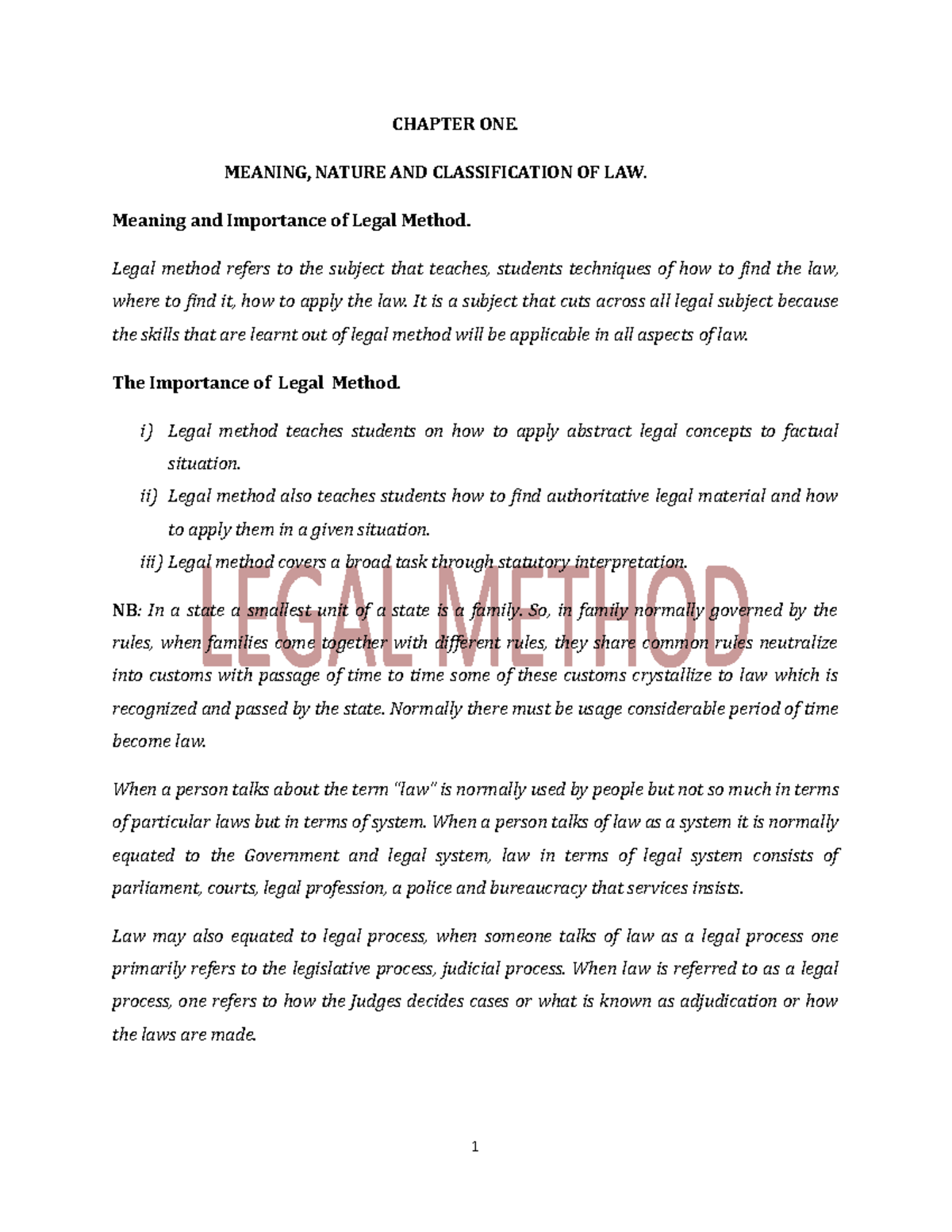 Legal Method Notes-1 - CHAPTER ONE. MEANING, NATURE AND CLASSIFICATION ...