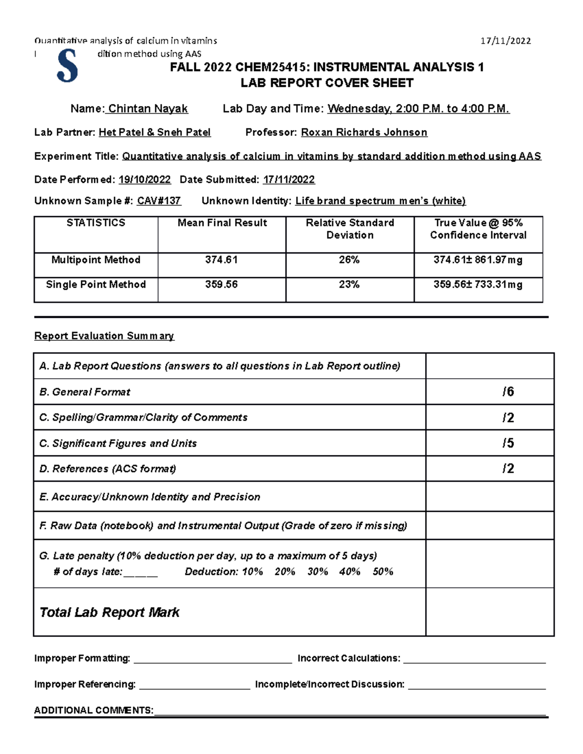 Lab-4 Calcium in vitamins lab report - By standard addition method ...