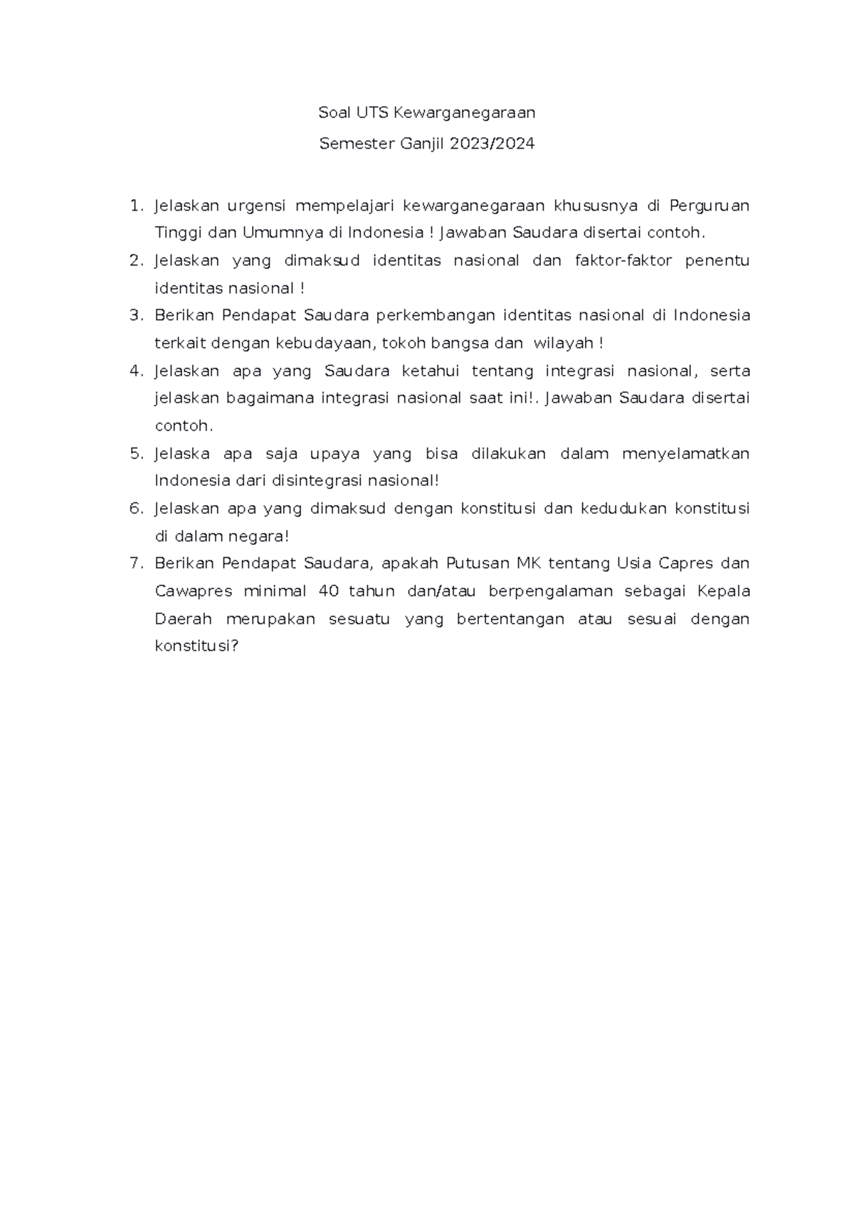 UTS KWN 2023 - uts kewarnagegaraan - Soal UTS Kewarganegaraan Semester Ganjil 2023/ Jelaskan ...