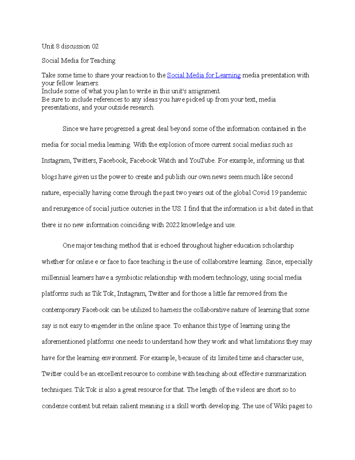 ED5344 u08d02-Social Media for Teaching - Unit 8 discussion 02 Social ...