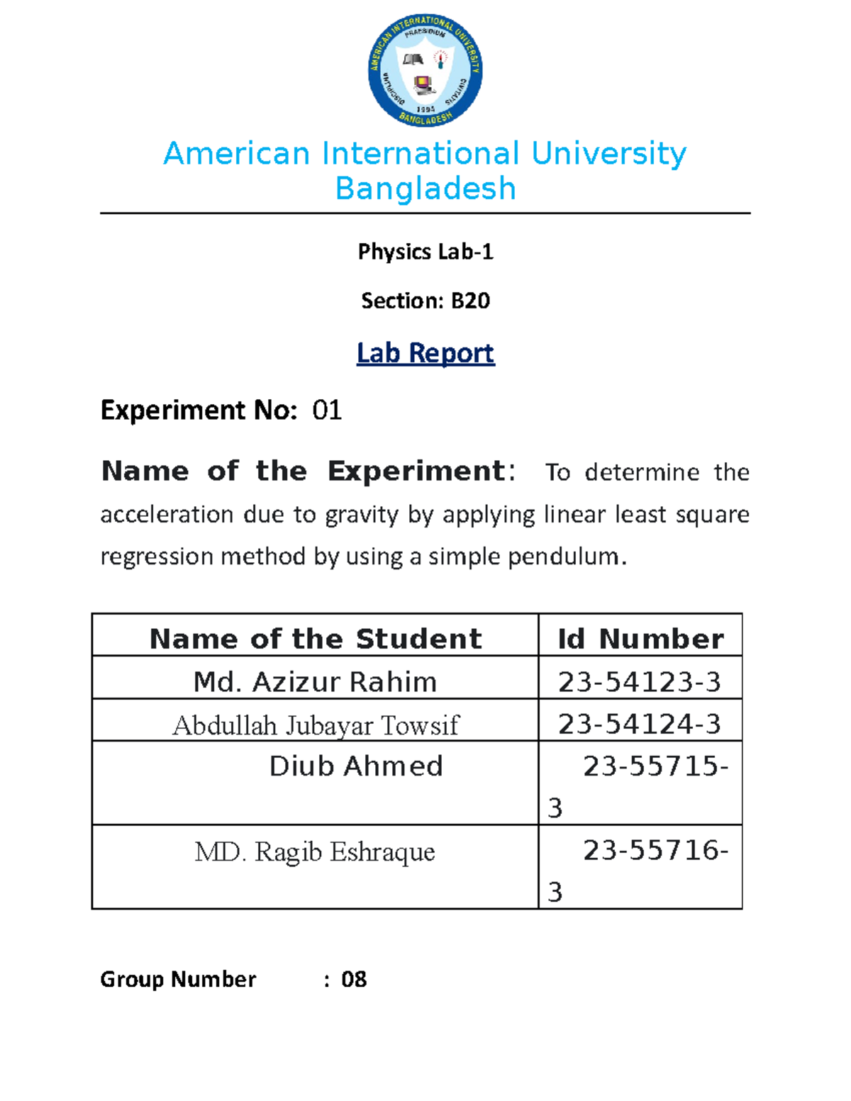 American International University Bangladesh physics lab report ...