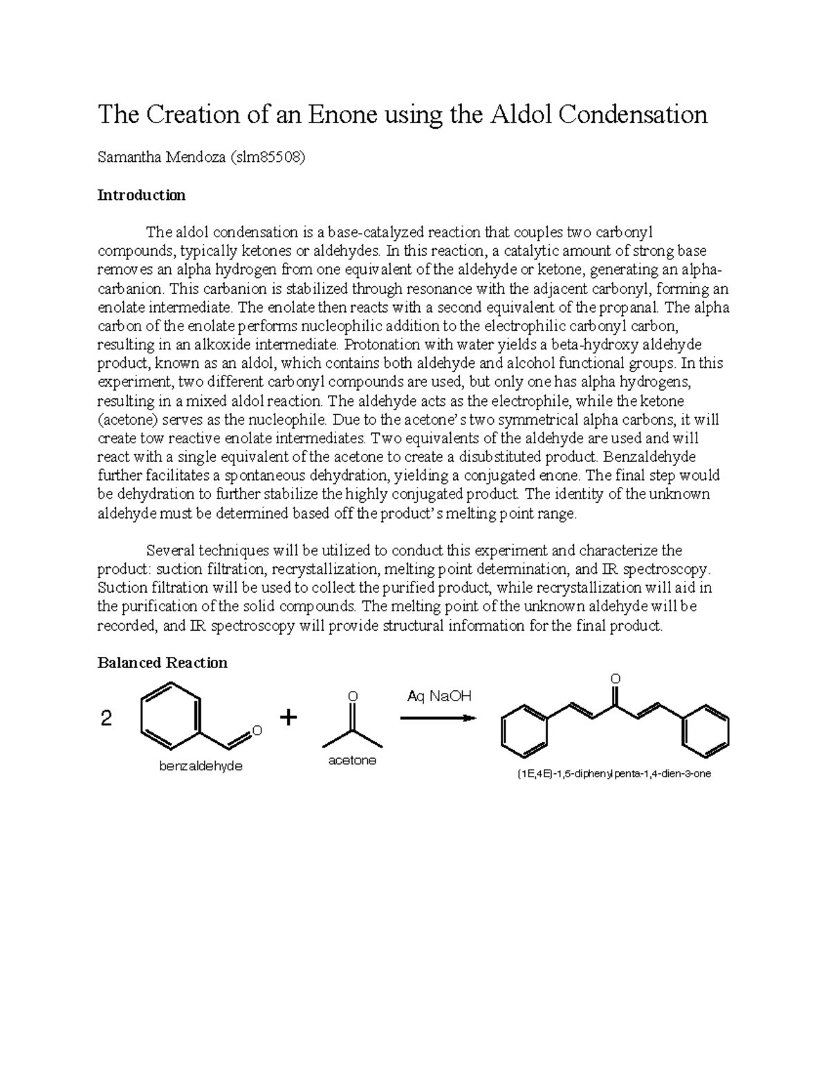 LAB 9 - The Creation of an Enone using the Aldol Condensation Lab #9 ...