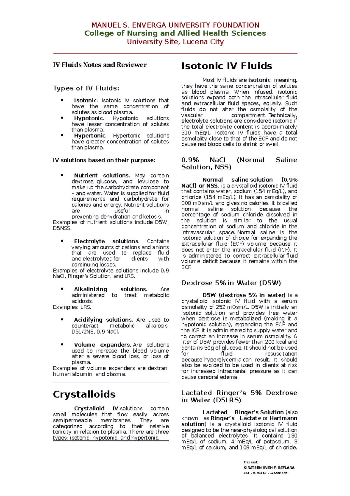 IV Fluids Notes and Reviewer - MANUEL S. ENVERGA UNIVERSITY FOUNDATION ...