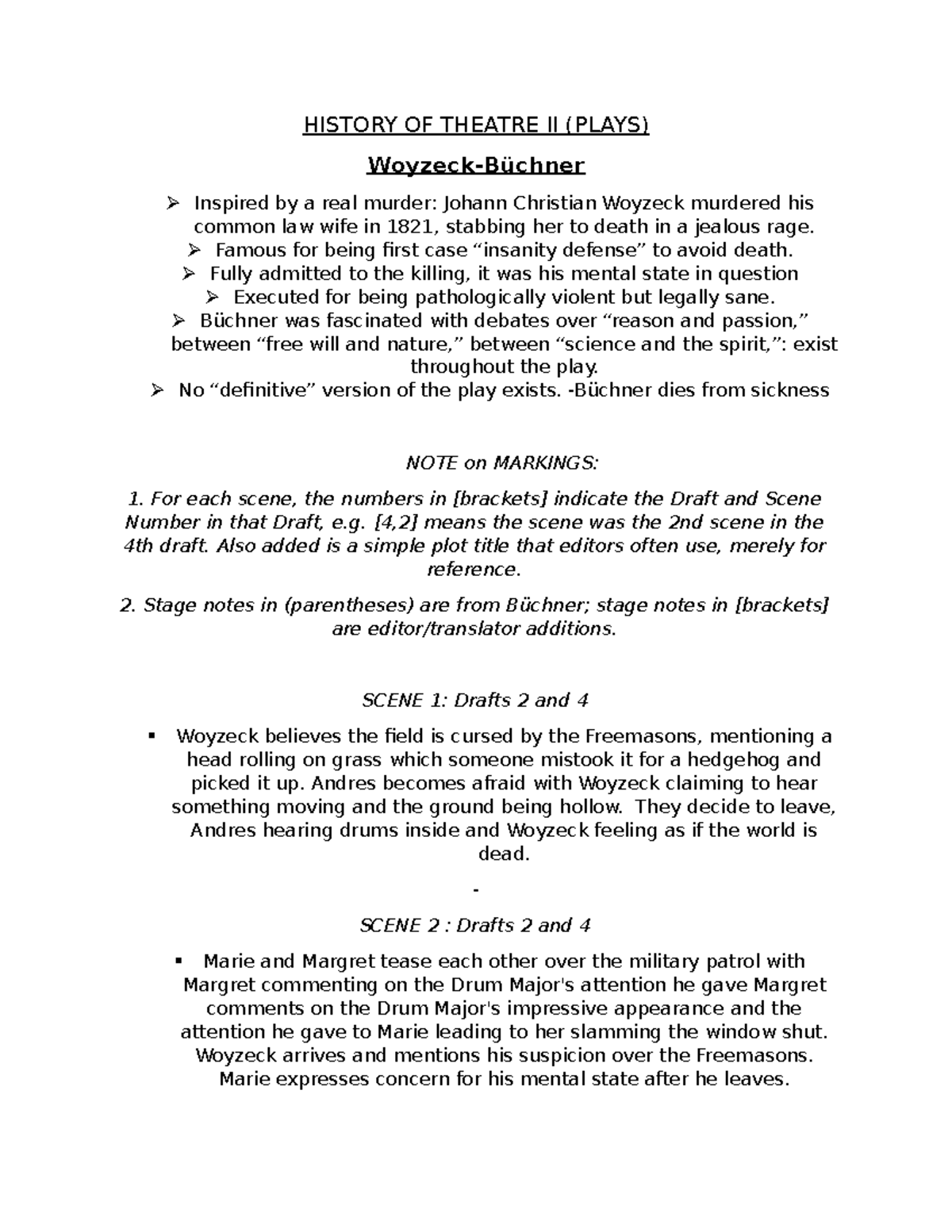 Wozeck Scene Summaries - HISTORY OF THEATRE II (PLAYS) Woyzeck-Büchner ...