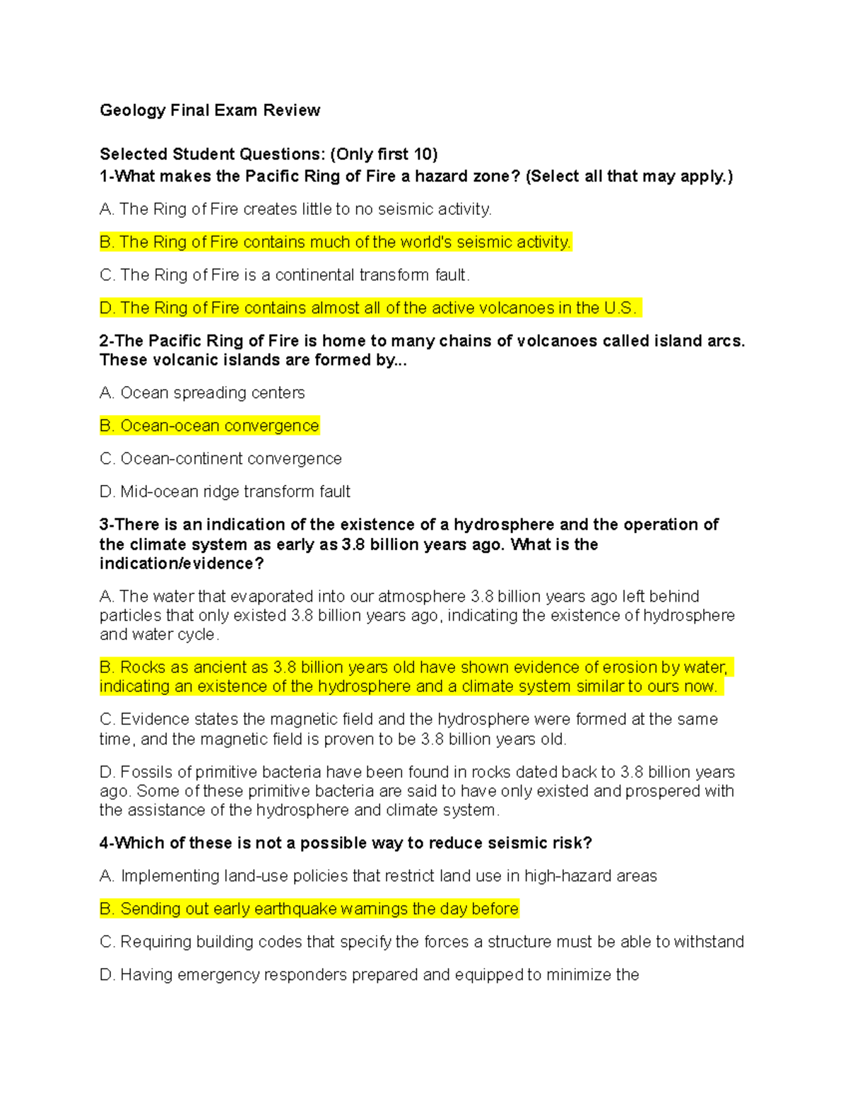 Geology Final Review - Geology Final Exam Review Selected Student ...