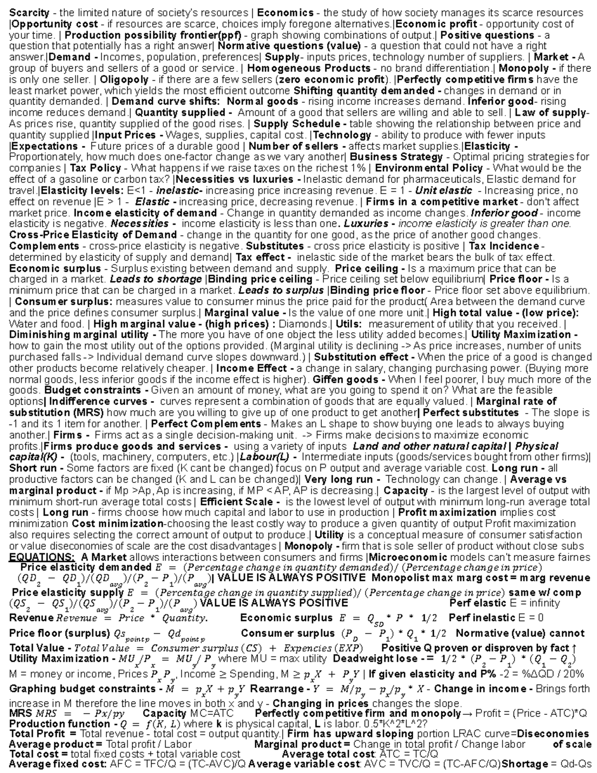 EC120 Midterm Cheat Sheet Oct 27 2022 - Scarcity - the limited nature ...