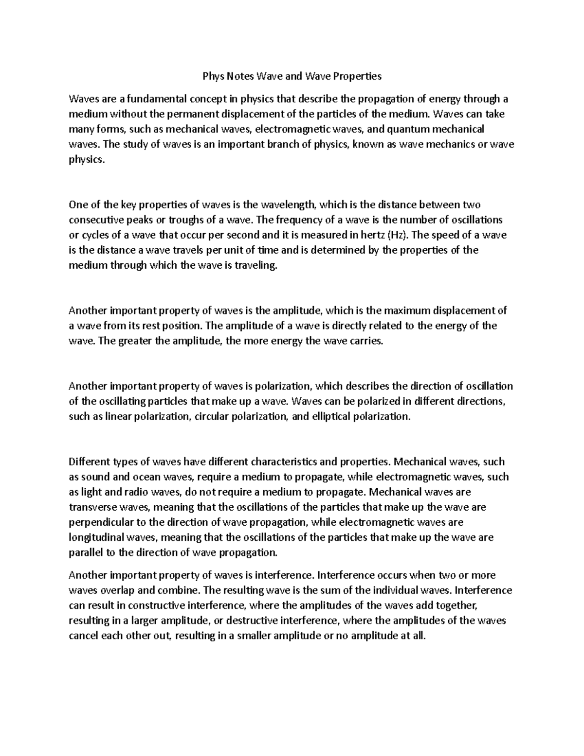 Phys Notes Wave and Wave Properties - Waves can take many forms, such ...
