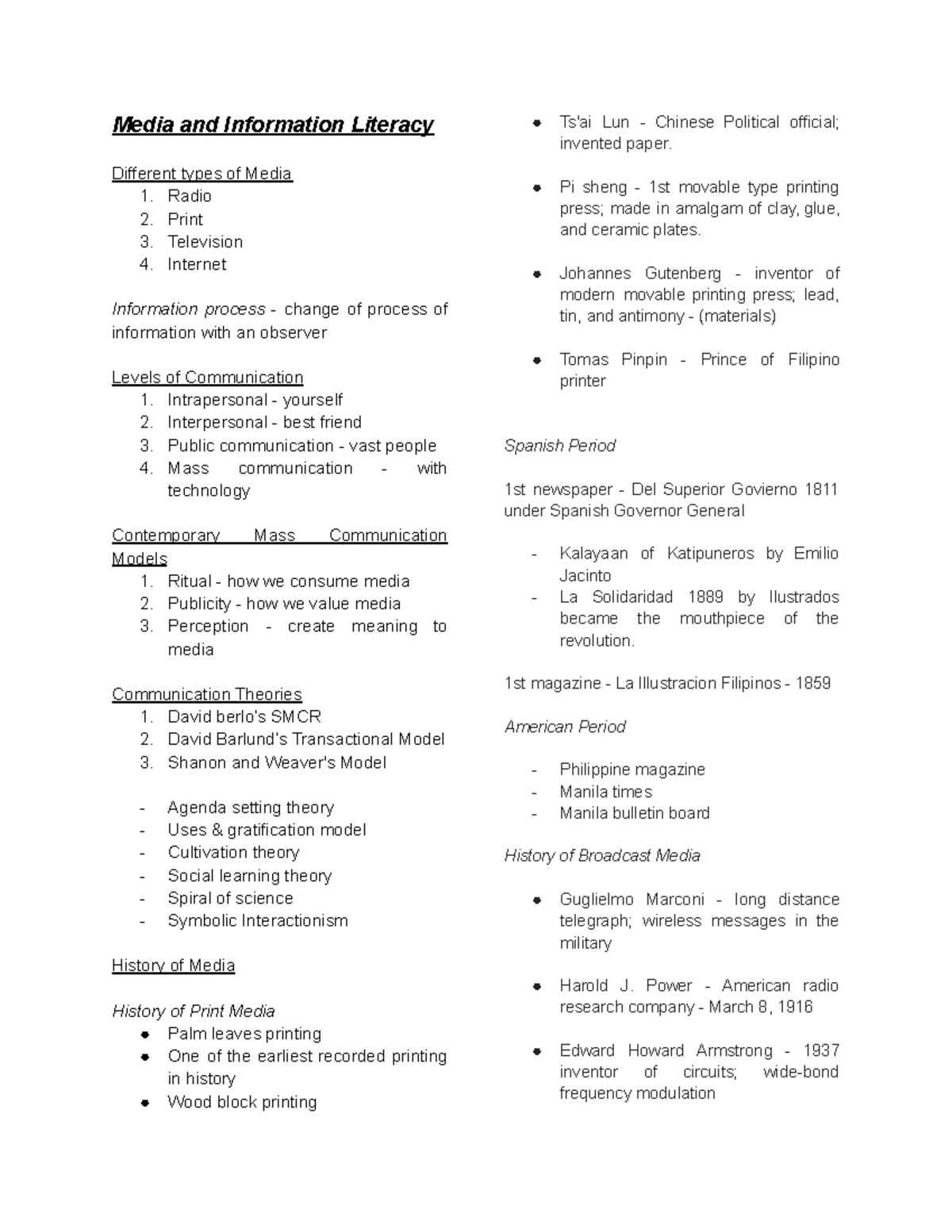 Media and Information Literacy - Lesson 1 & 2 Notes - Media and ...
