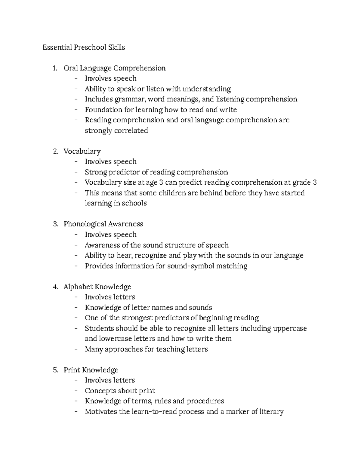 Essential Preschool Skills Notes - Essential Preschool Skills Oral ...
