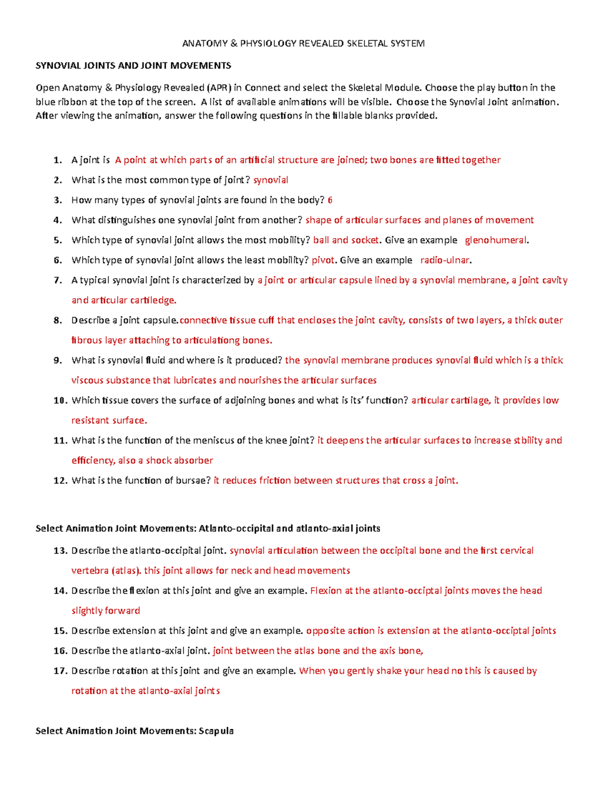 APR- Skeletal System- Synovial Joints completed - ANATOMY & PHYSIOLOGY ...