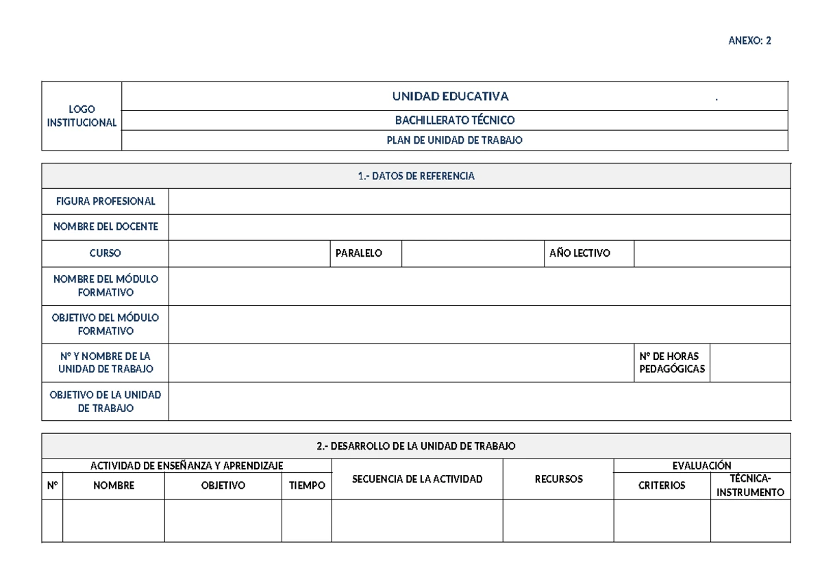 Formato Plan Unidad de Trabajo- BT - UNIDAD EDUCATIVA TÉCNICO PEDERNALES BACHILLERATO TÉCNICO ...