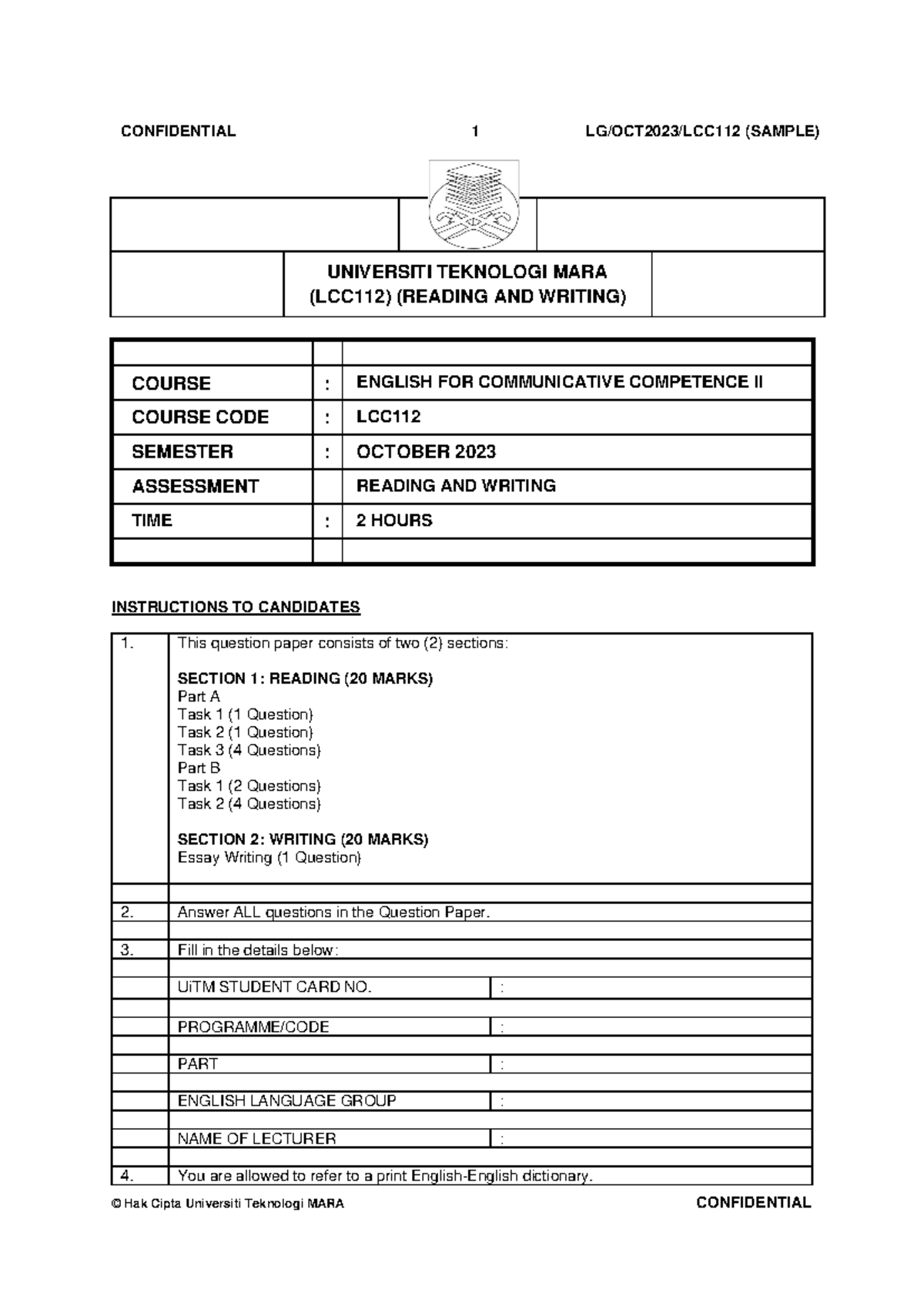 LCC 112 Reading AND Writing OCT2023 LCC112 Sample - CONFIDENTIAL 1 LG ...