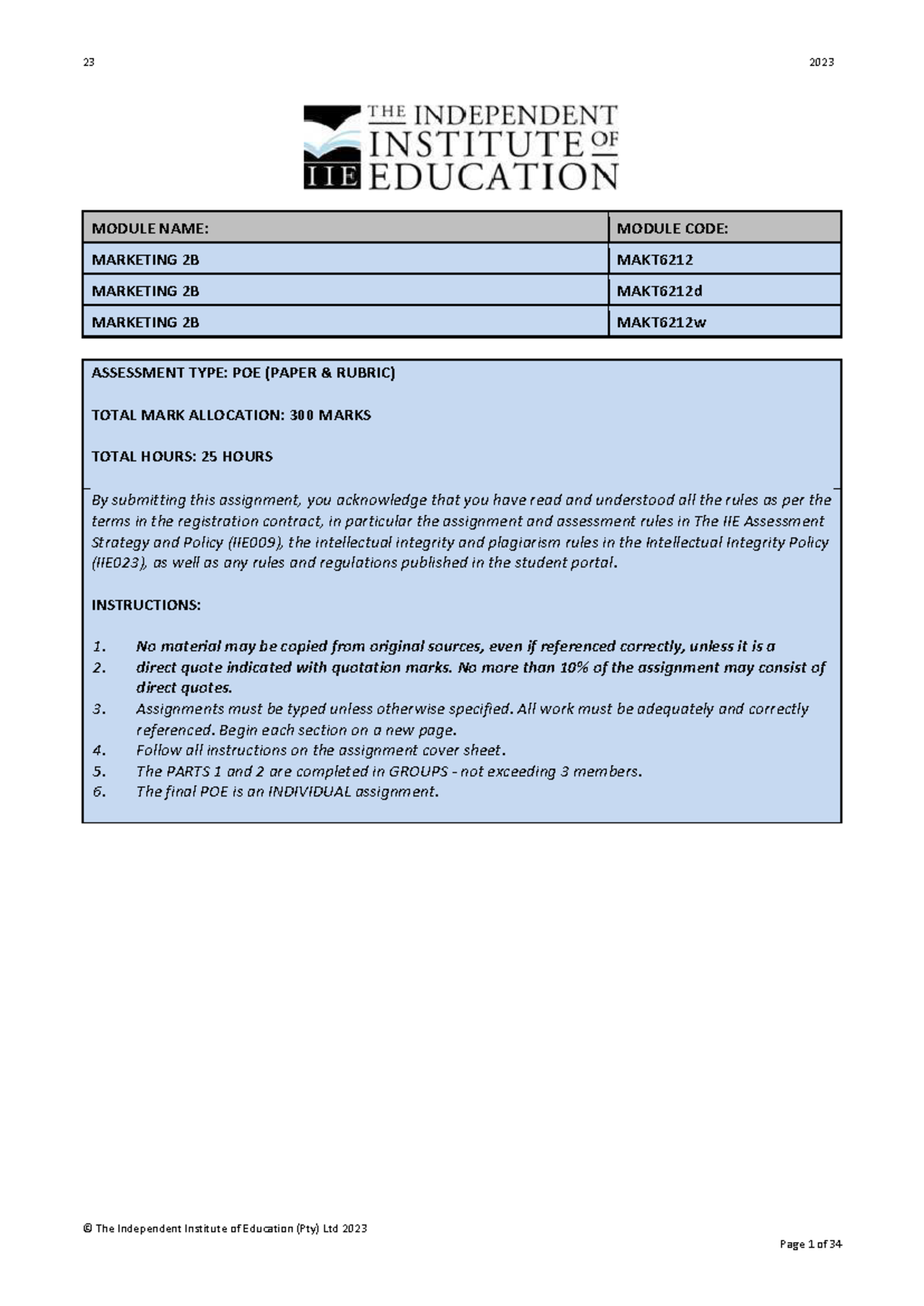 MAKT6212 POE - POE Paper - © The Independent Institute of Education (Pty) Ltd 2023 MODULE NAME ...
