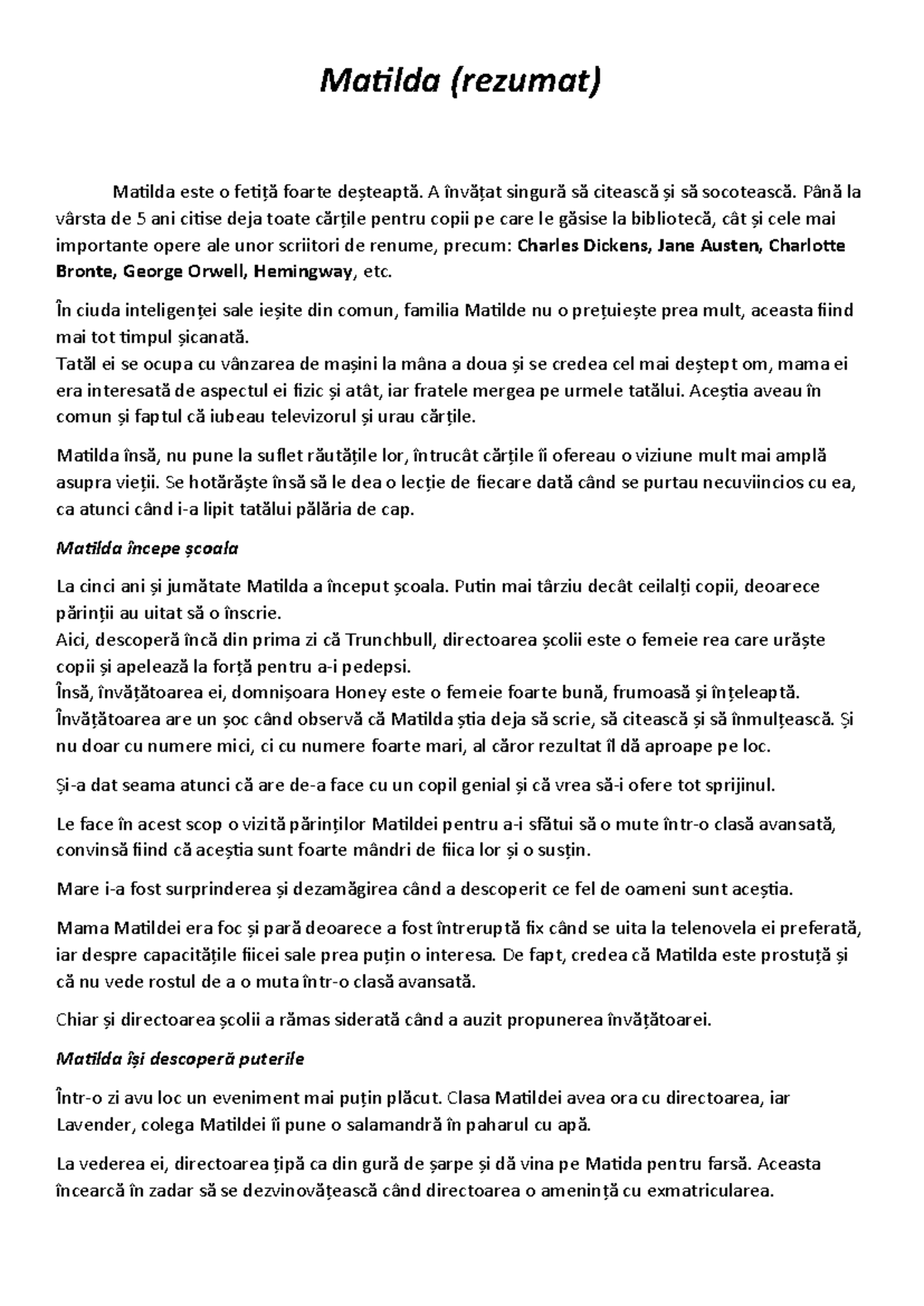 Rezumat-matilda compress - Matilda (rezumat) Matilda este o fetiță ...