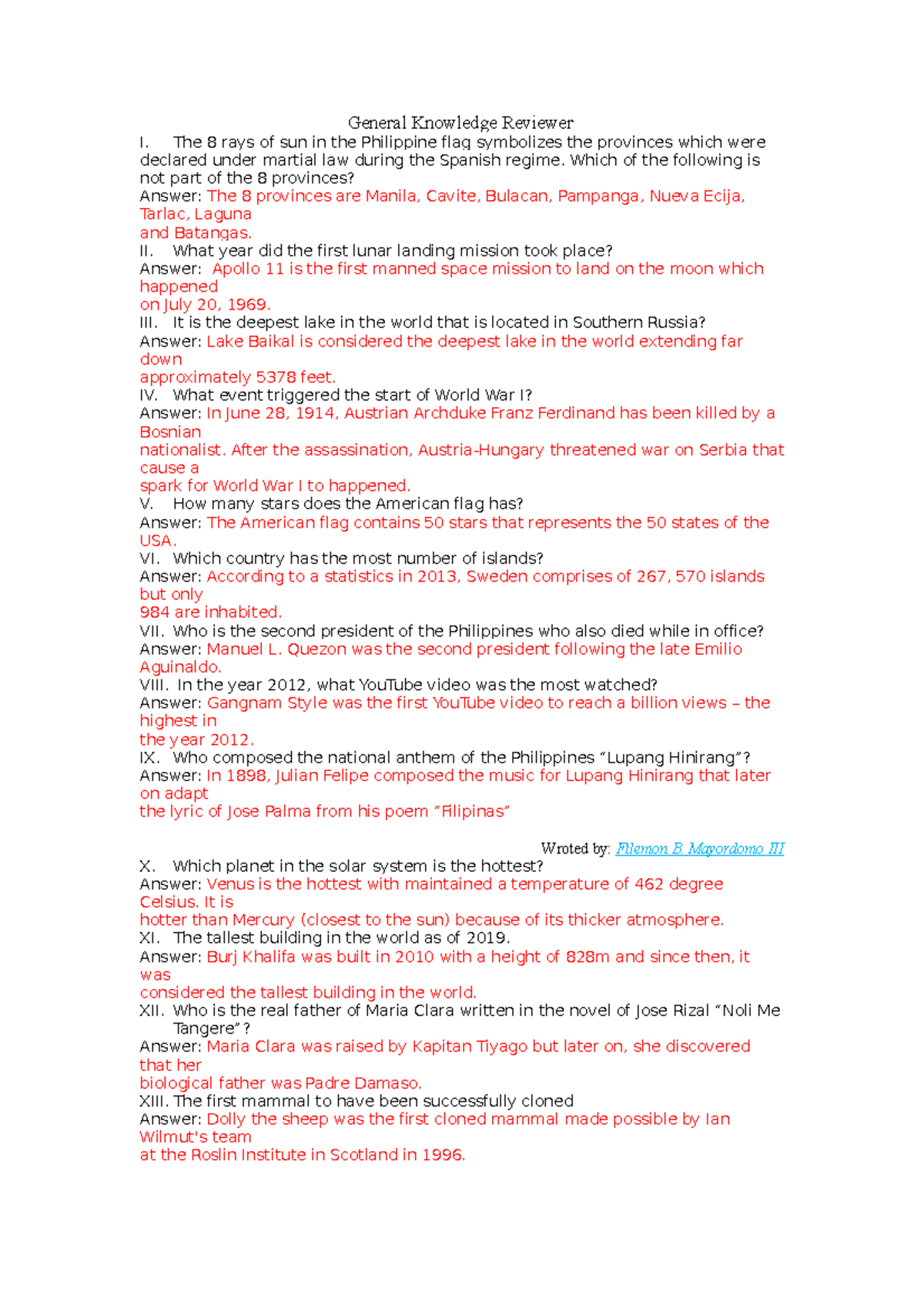 Reviewer - to learn more knowledge - General Knowledge Reviewer I. The ...