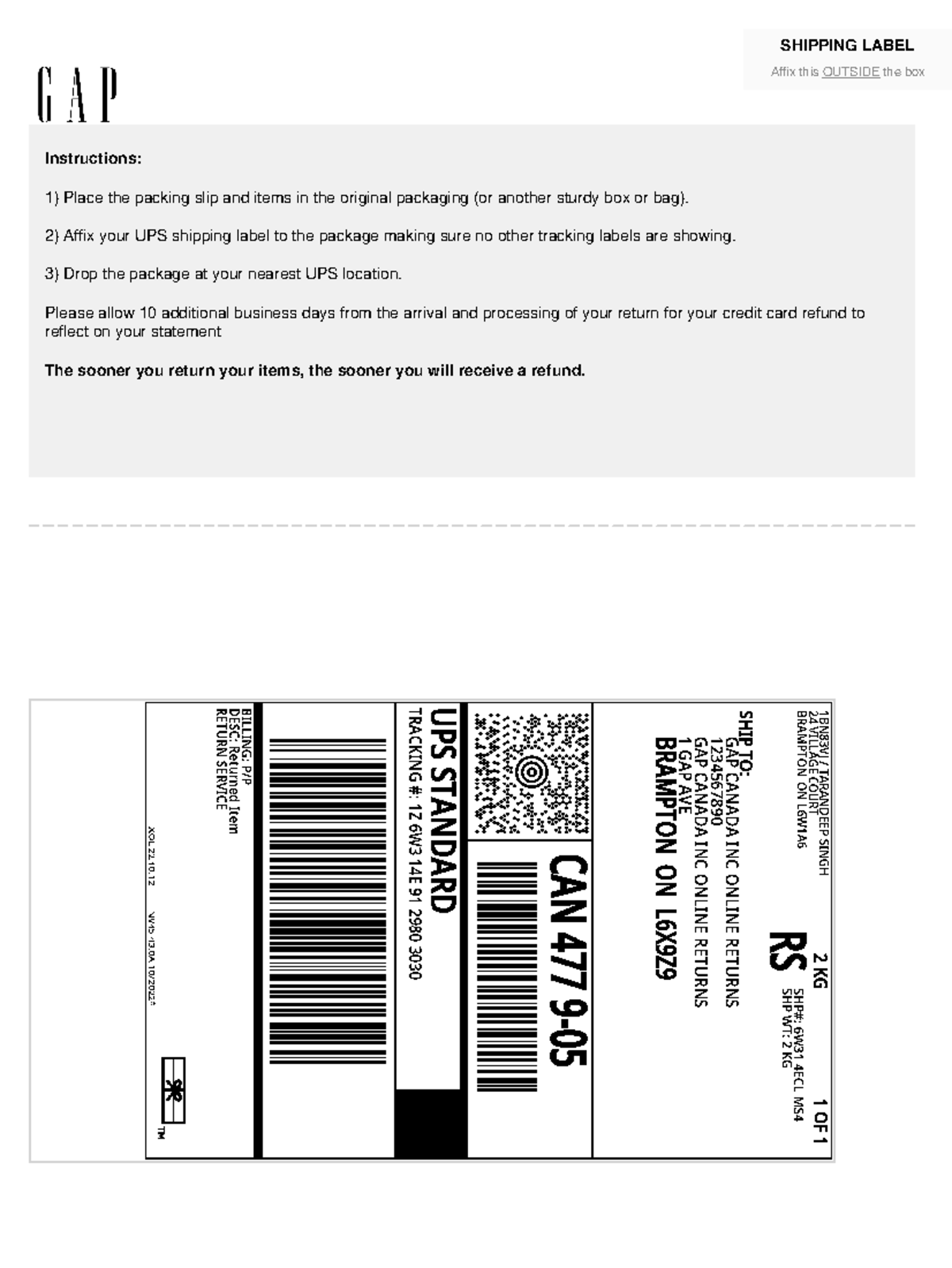 Gapca label 1Z6W314E9129803030 - SHIPPING LABEL Affix this OUTSIDE the ...