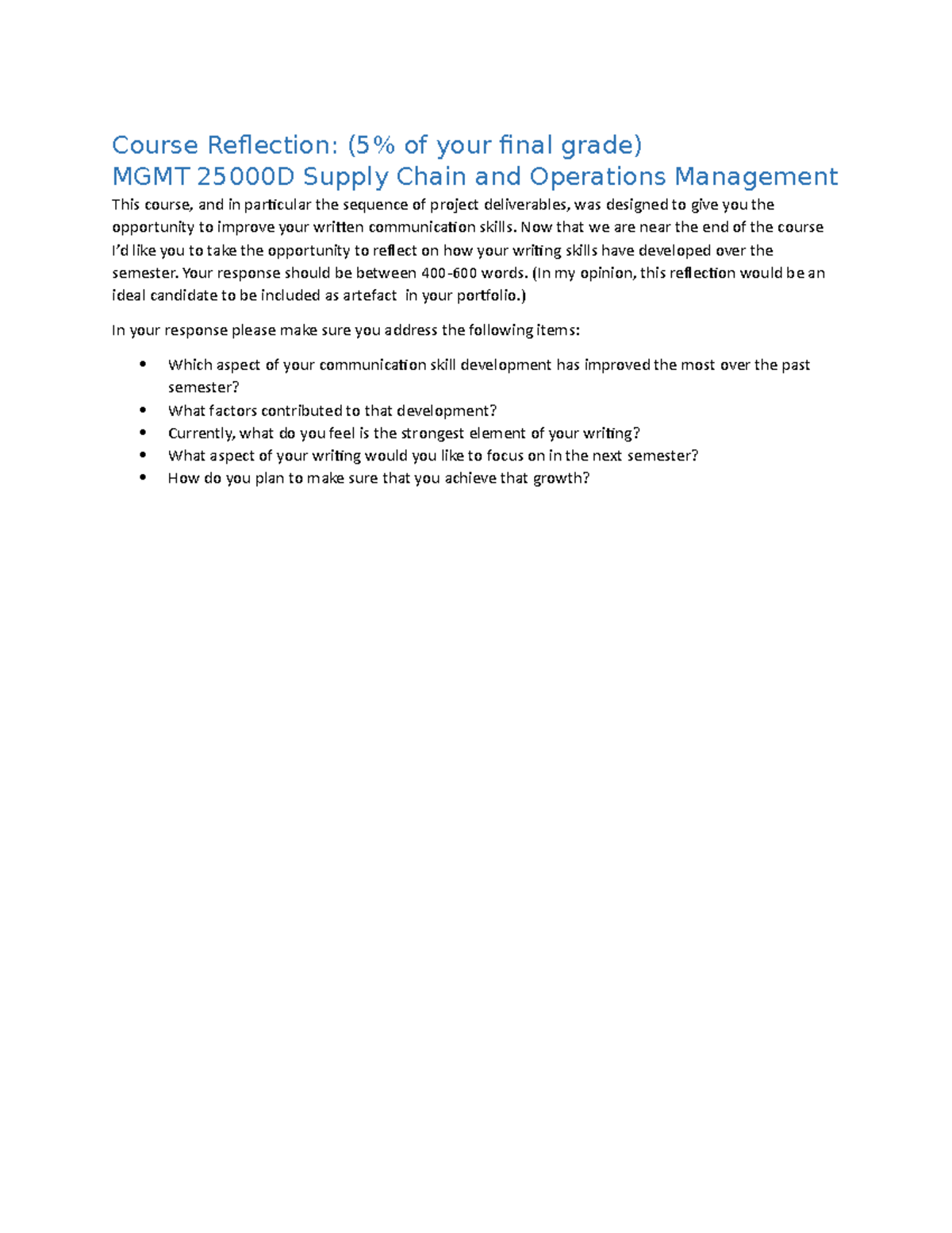 Course Reflection-assignment - Course Reflection: (5% of your final ...