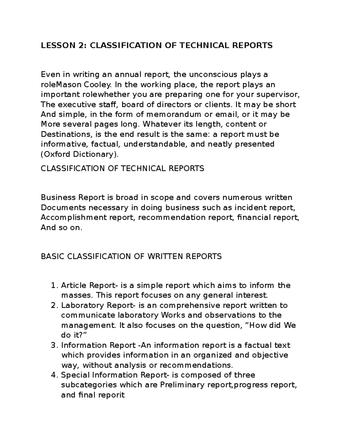 Classification OF- Technical- Report - LESSON 2: CLASSIFICATION OF ...