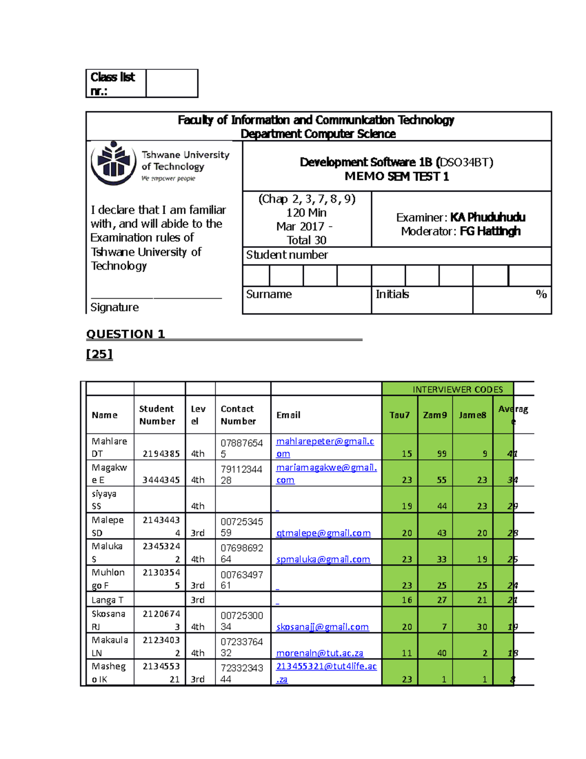 2017 S1 DSO34AT ST1 MEMO (1) - Class list nr.: Faculty of Information ...