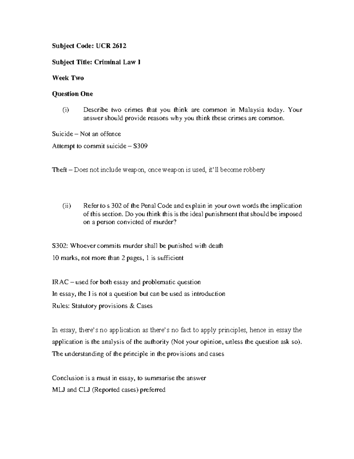 Criminal T2 - Criminal Law Week 4 on Tutorial - Subject Code: UCR 2612 Subject Title: Criminal ...