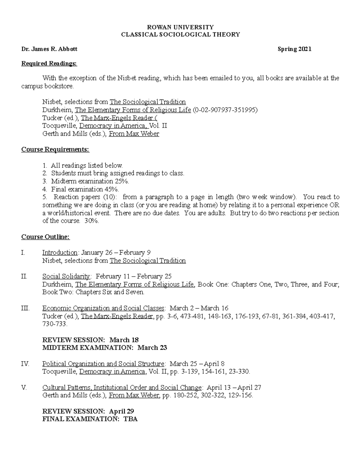 Classical Theory Syllabus - ROWAN UNIVERSITY CLASSICAL SOCIOLOGICAL ...