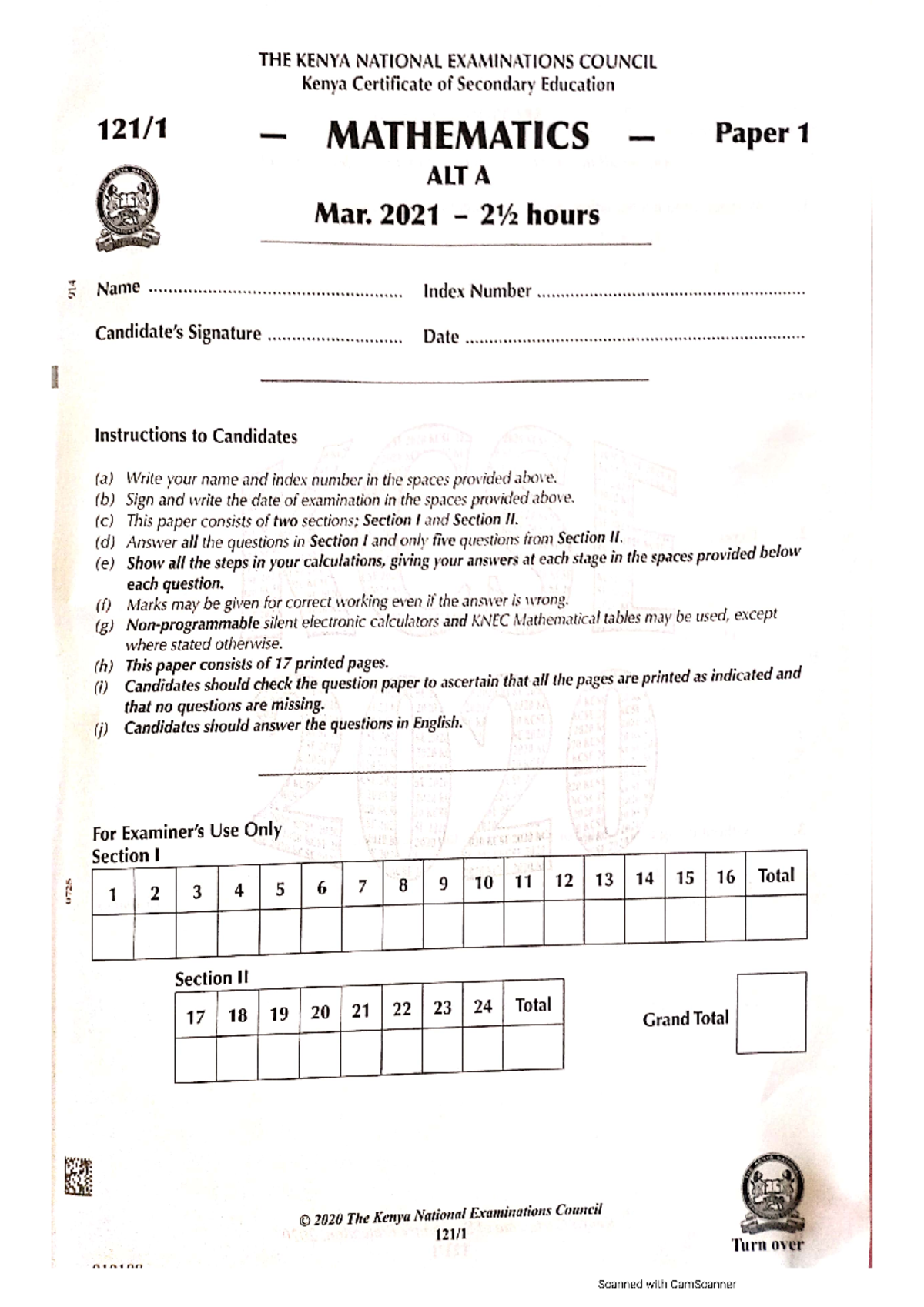 2021 KCSE KNEC Mathematics ALT.A PP1 Q - Bsc. mathematics and computer ...
