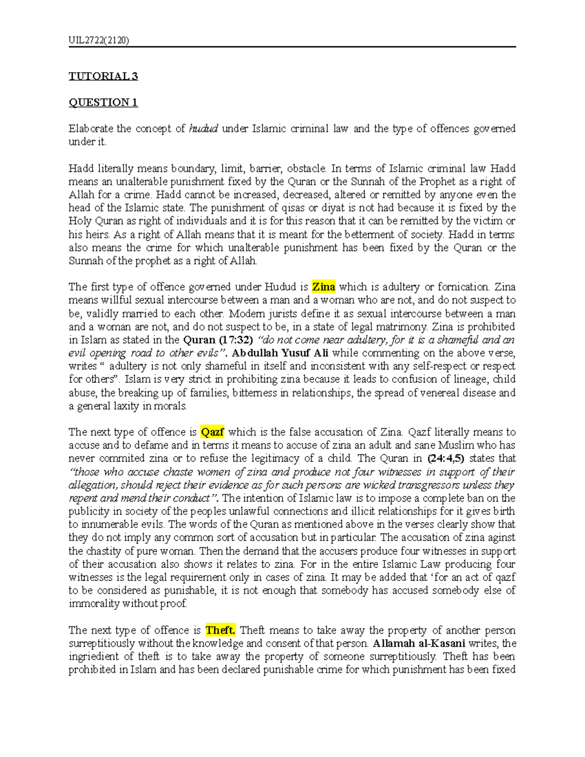 Tutorial 3 - Hope this helps. - TUTORIAL 3 QUESTION 1 Elaborate the concept of hudud under ...