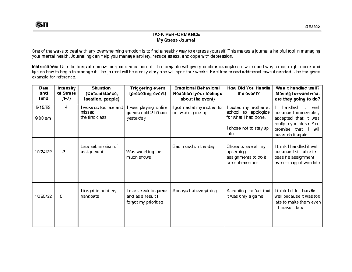 02 Task Performance 01 - aaaaaaa - TASK PERFORMANCE My Stress Journal ...