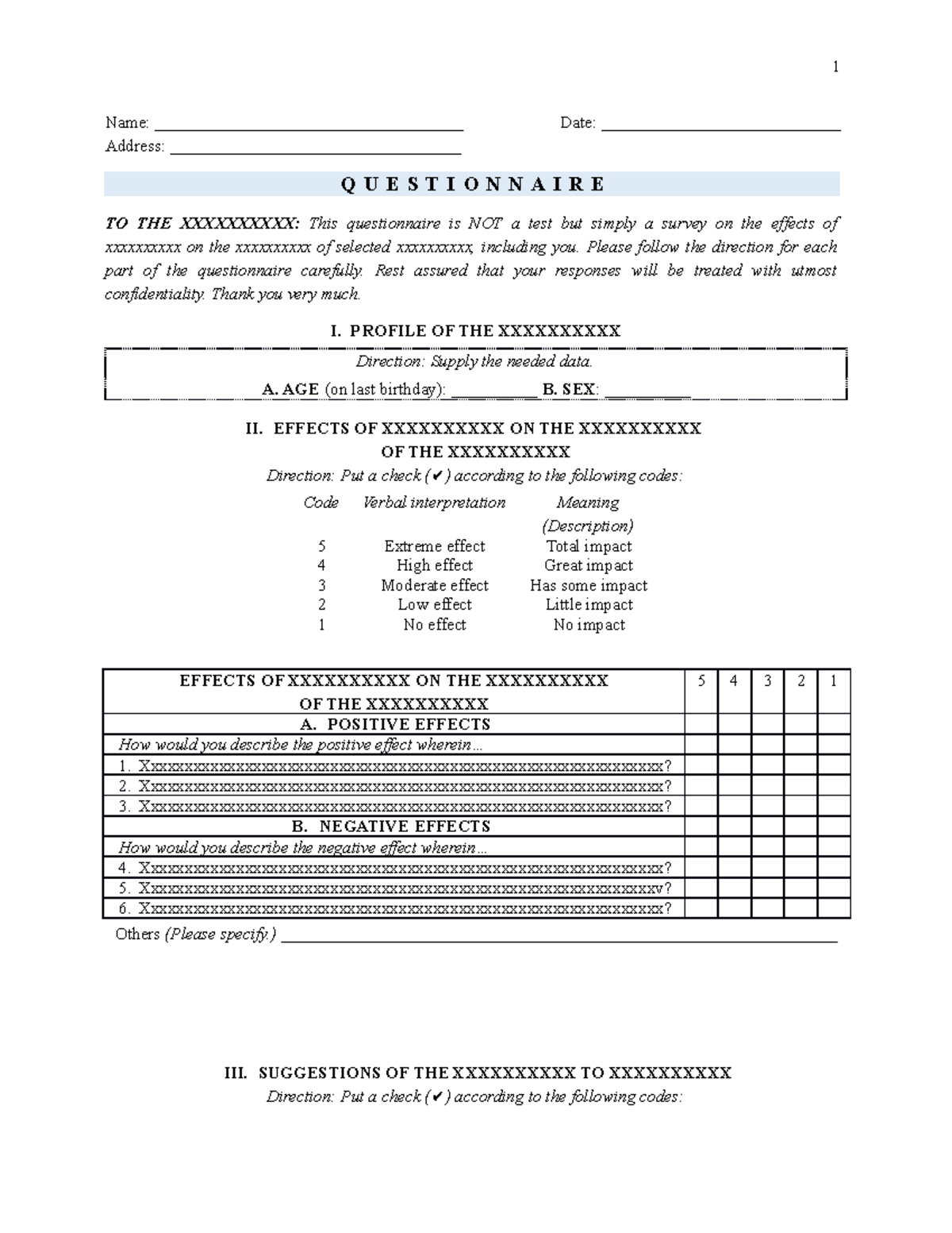 1. Questionnaire Template - Effects OF ON THE OF Selected – Letter size ...