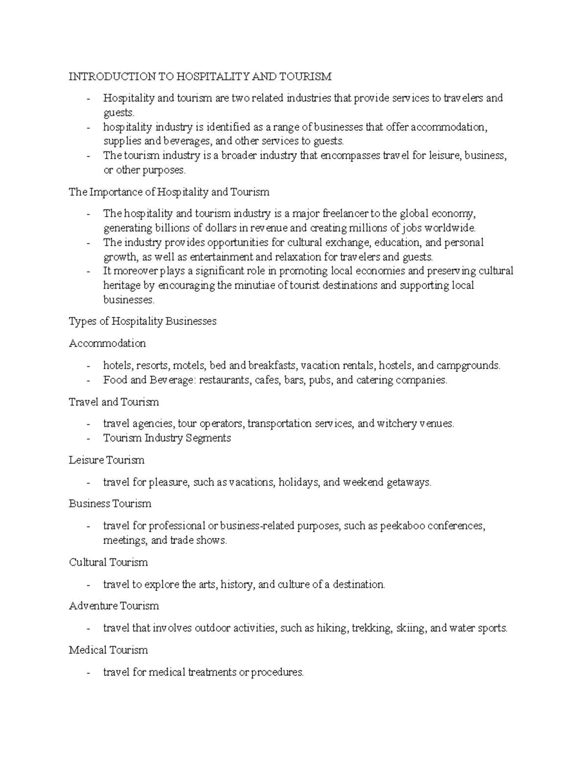 Introduction TO Hospitality AND Tourism Notes 1 - INTRODUCTION TO ...